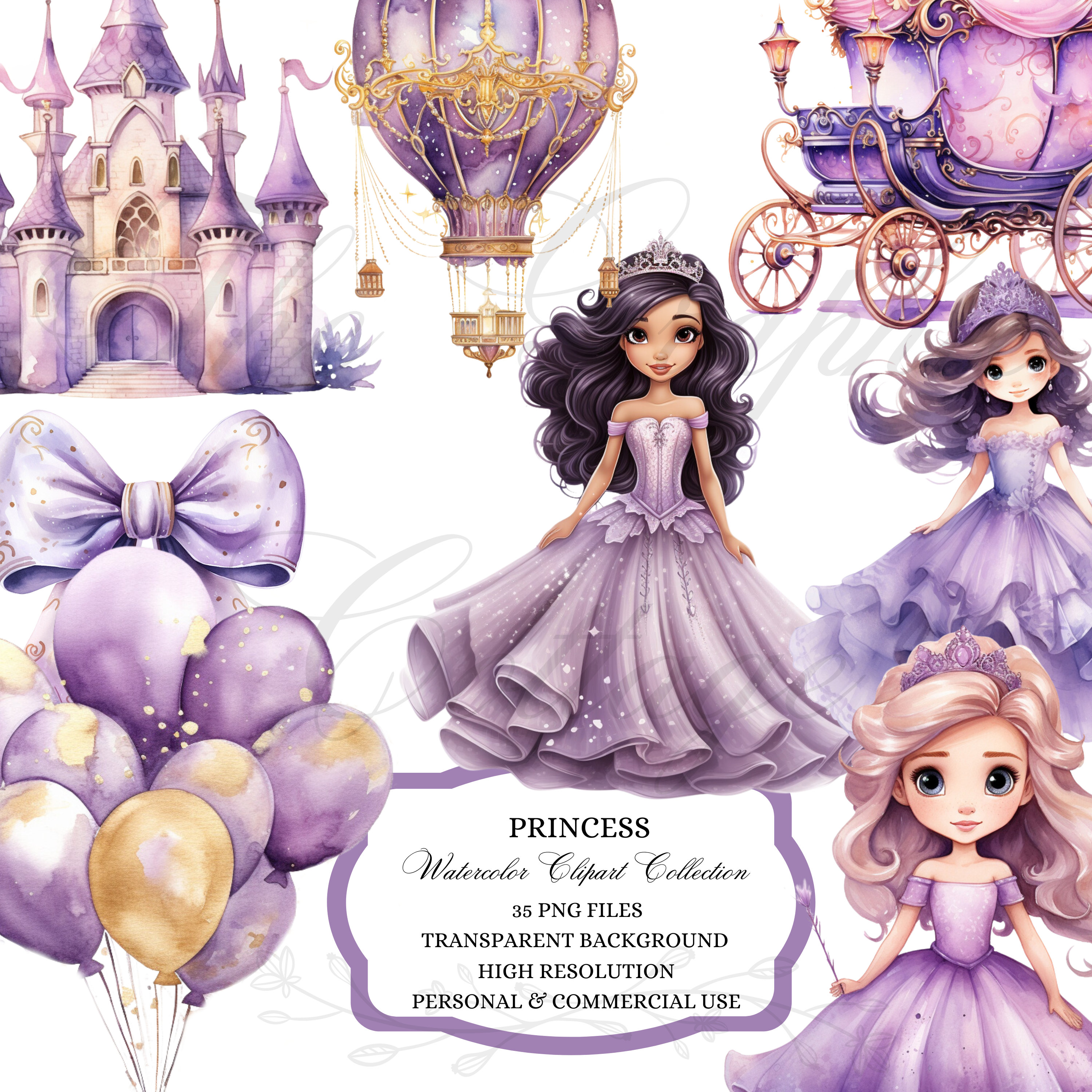Watercolor Princess Clipart, Purple Princess Theme Clipart, Princess ...