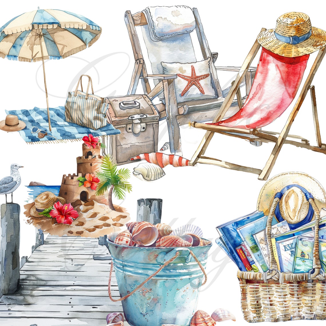 Watercolor Beach Clipart, Romantic Beach, Summer Vacation Clipart ...