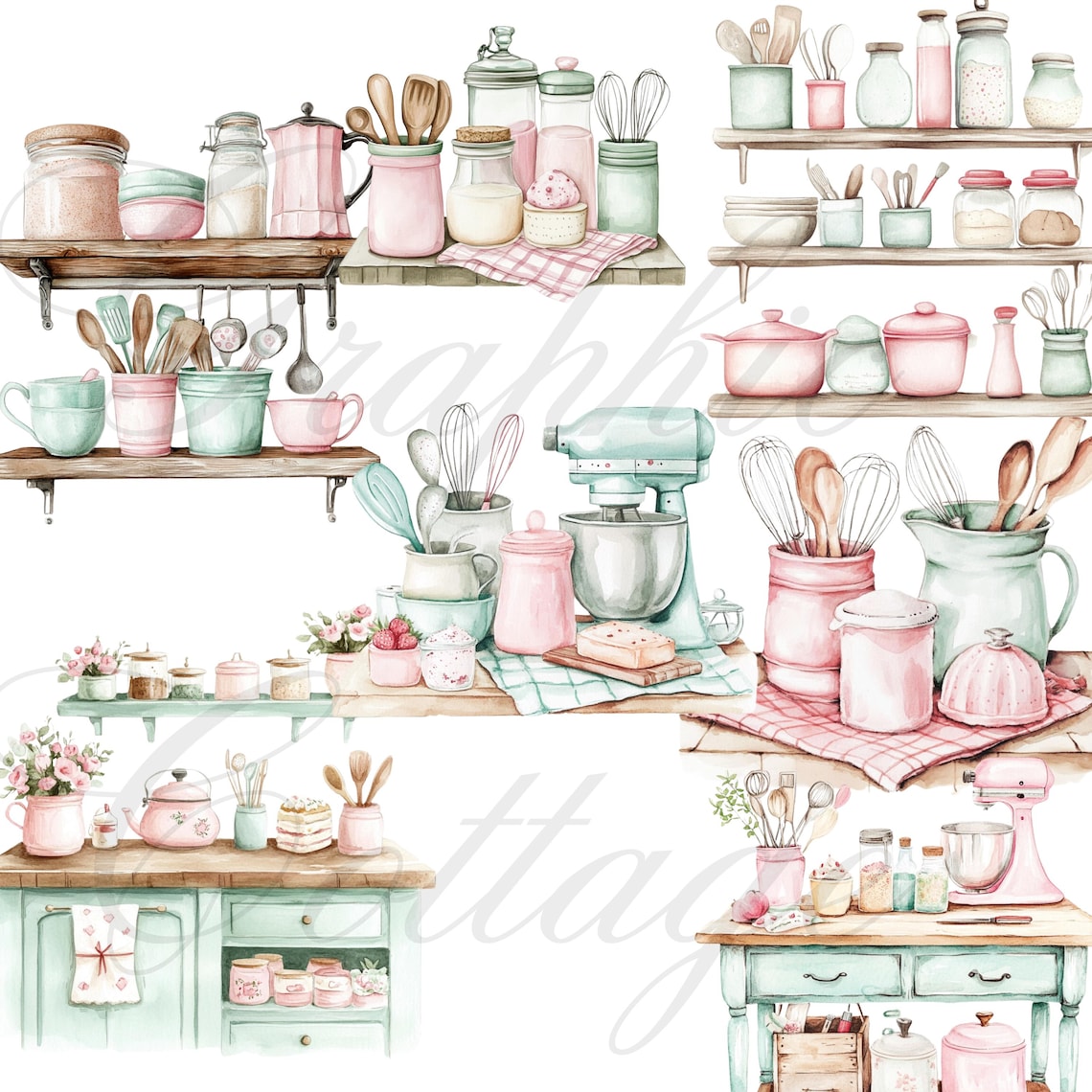 Watercolor Kitchen Clipart, Romantic Kitchen, Pink and Mint Kitchen ...