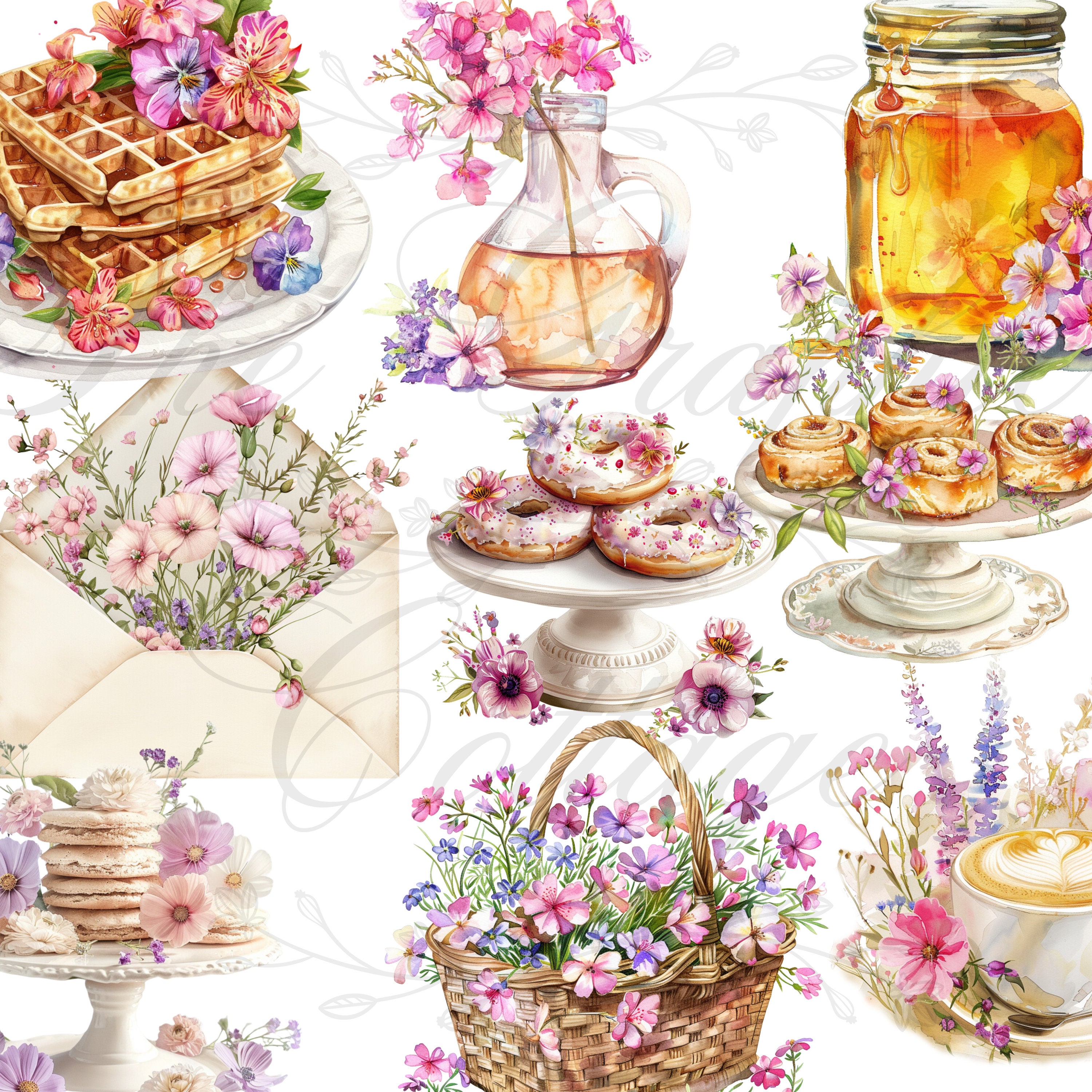 Watercolor Breakfast Clipart: Romantic Brunch PNG Images (digital ...