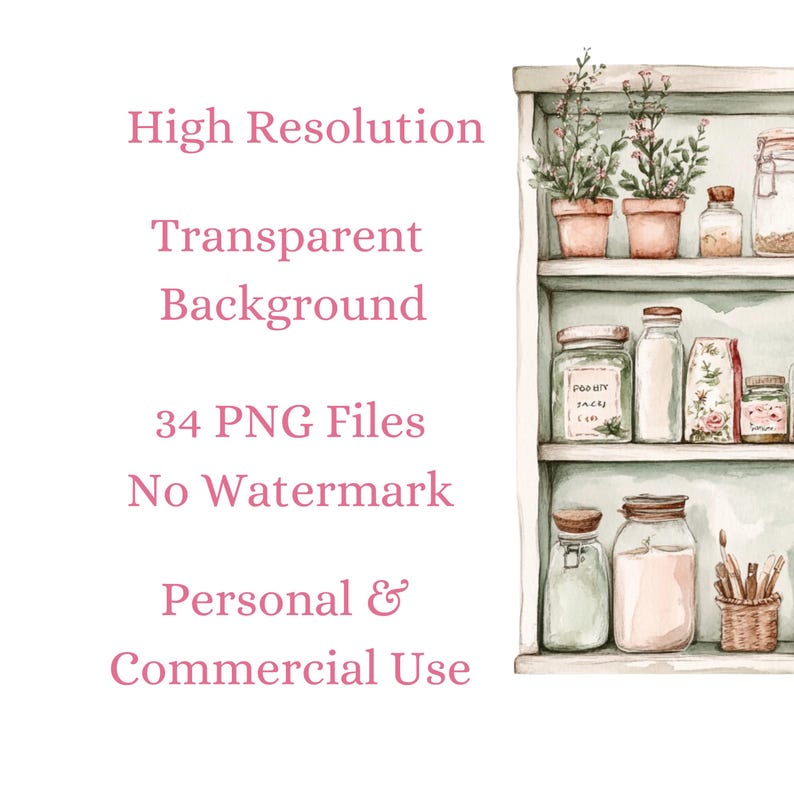 Watercolor Kitchen Clipart, Romantic Kitchen, Pink and Mint Kitchen ...