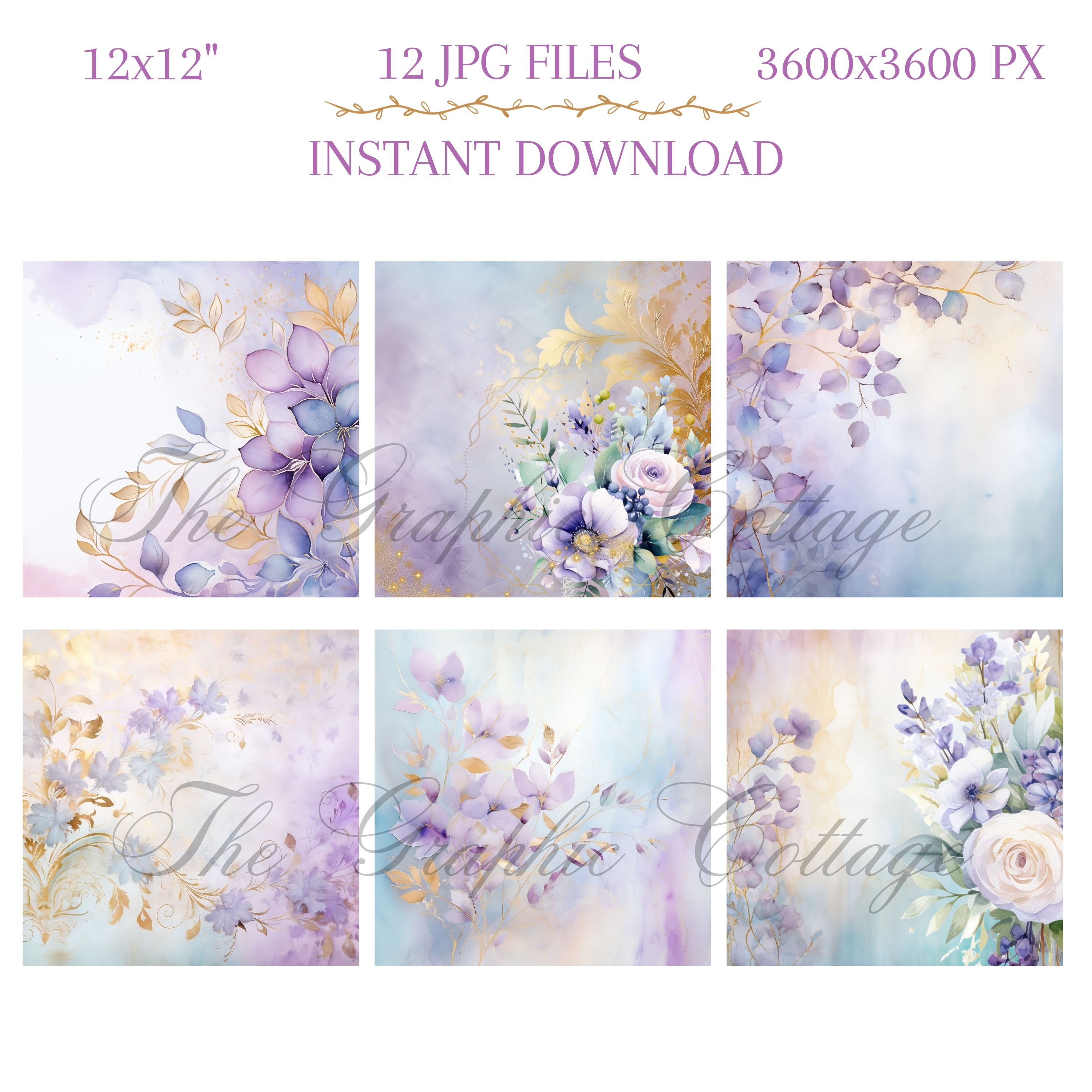 Purple Floral Paper With Gold Designs, Shabby Chic Paper, Romantic ...