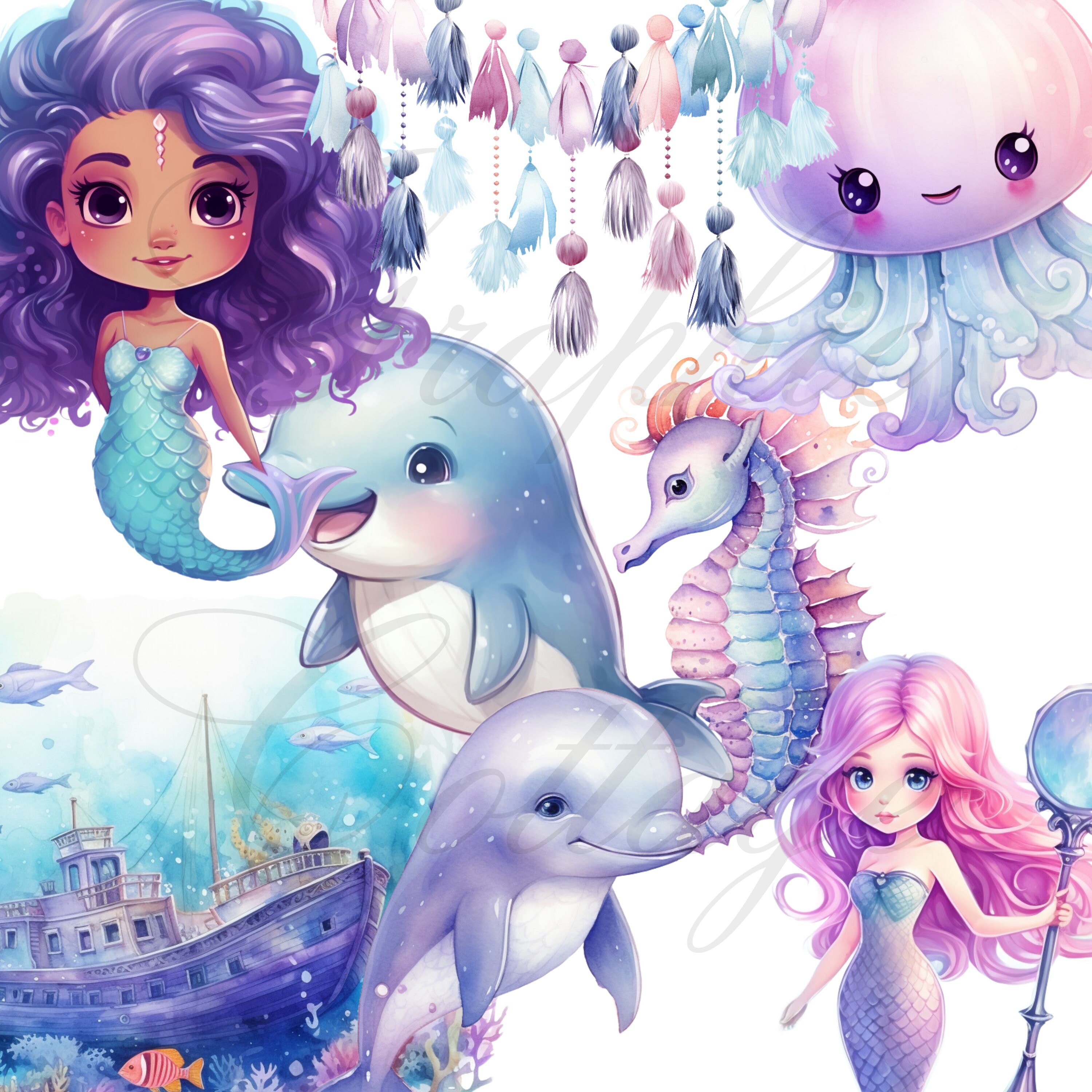 Watercolor Mermaid Clipart, Mermaid Clipart, Princess Birthday, Mermaid ...