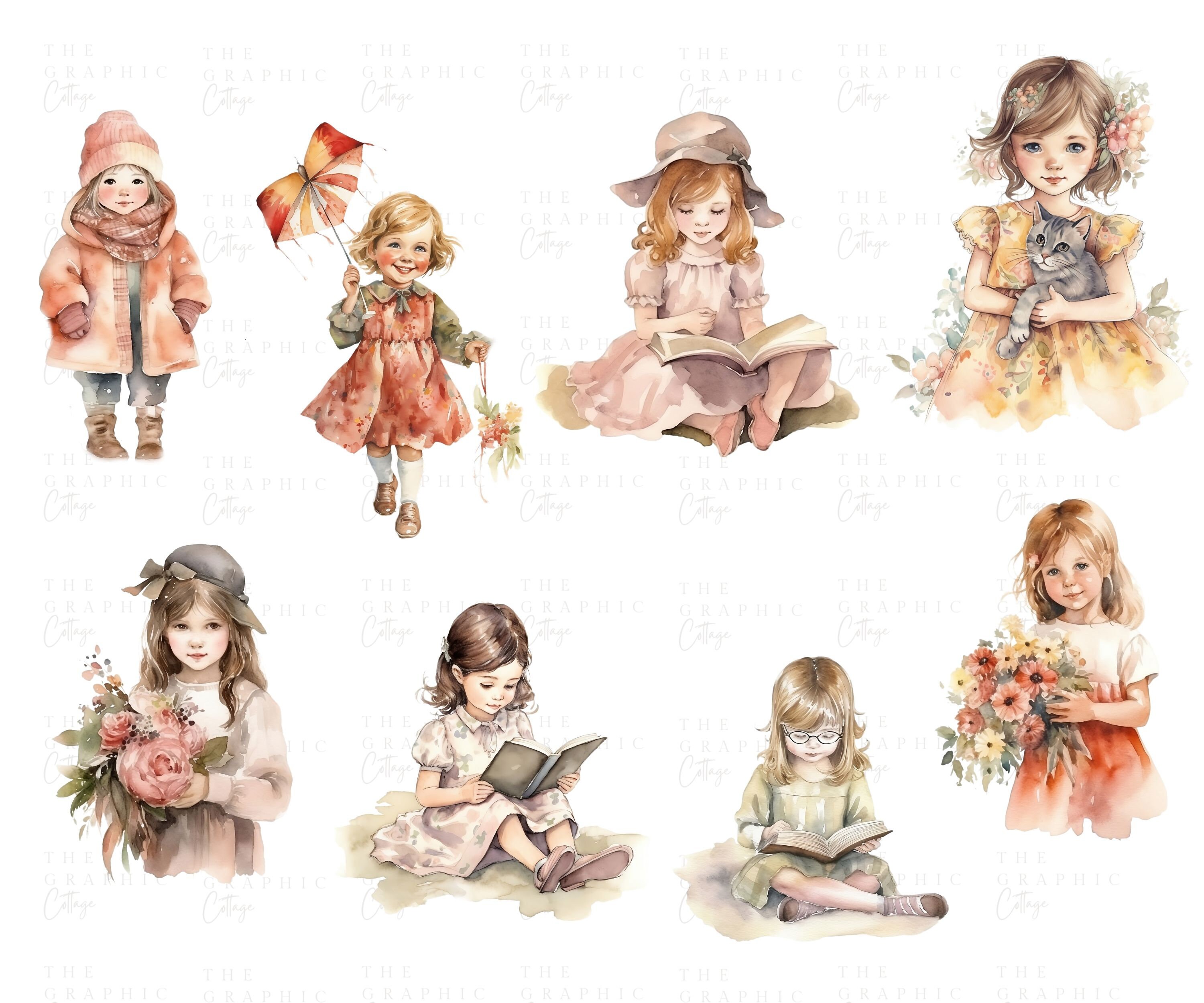 Watercolor Little Girl Clipart, Girl Reading Book, Vintage Clipart, Art ...