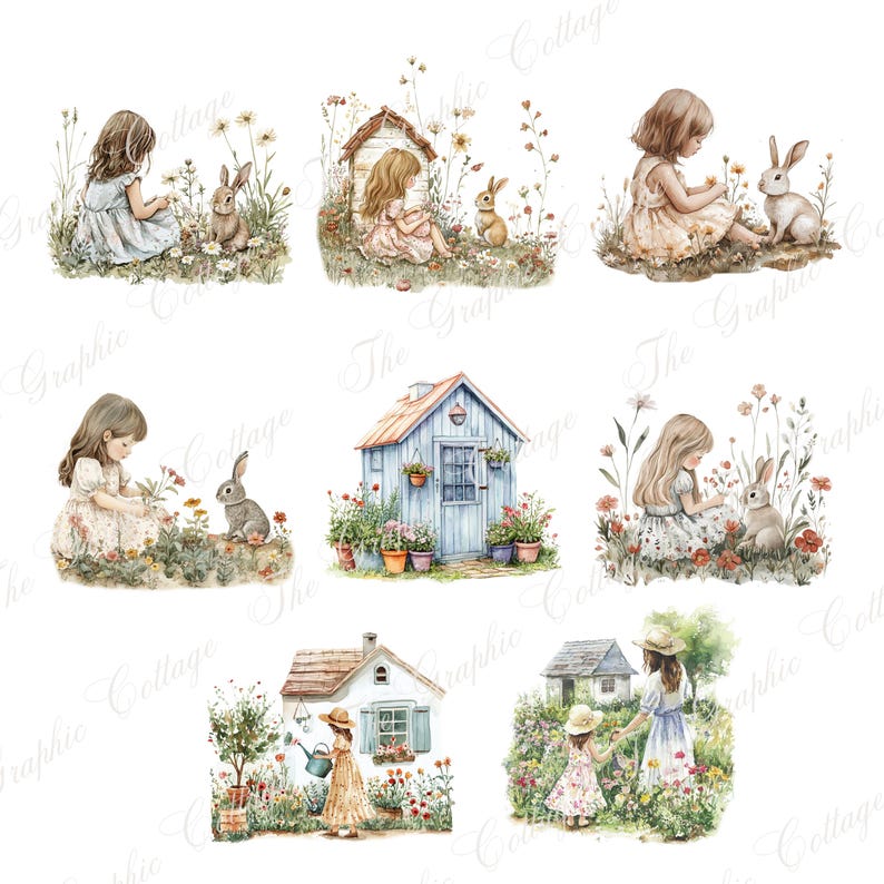 Watercolor Garden Clipart: Rabbits, Bear, Flowers (PNG Files, Digital ...