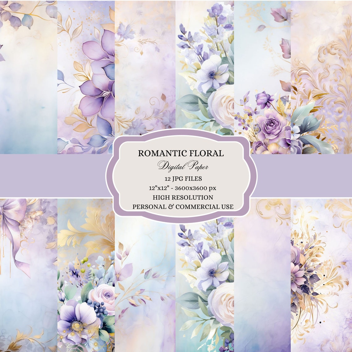 Purple Floral Paper With Gold Designs, Shabby Chic Paper, Romantic ...