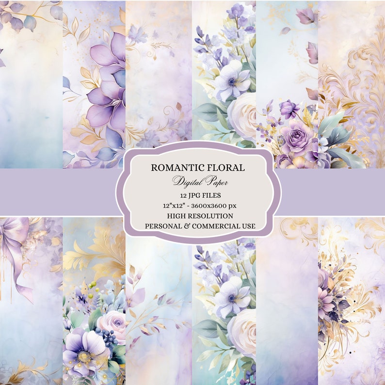 Purple Floral Paper With Gold Designs, Shabby Chic Paper, Romantic ...