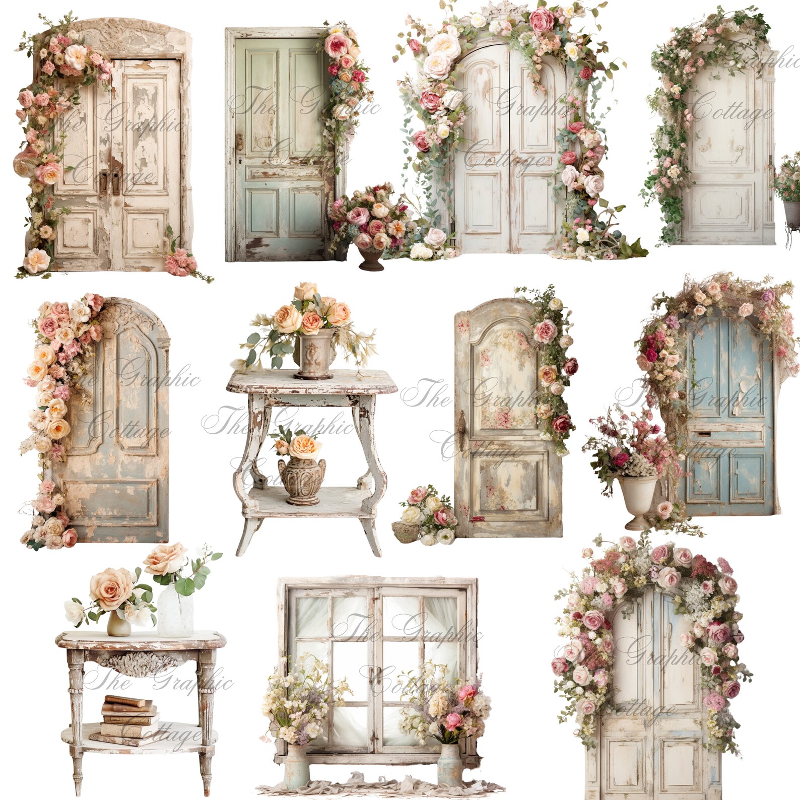 Shabby Chic Watercolor Clipart, Shabby Chic, Rustic Design, Distressed ...
