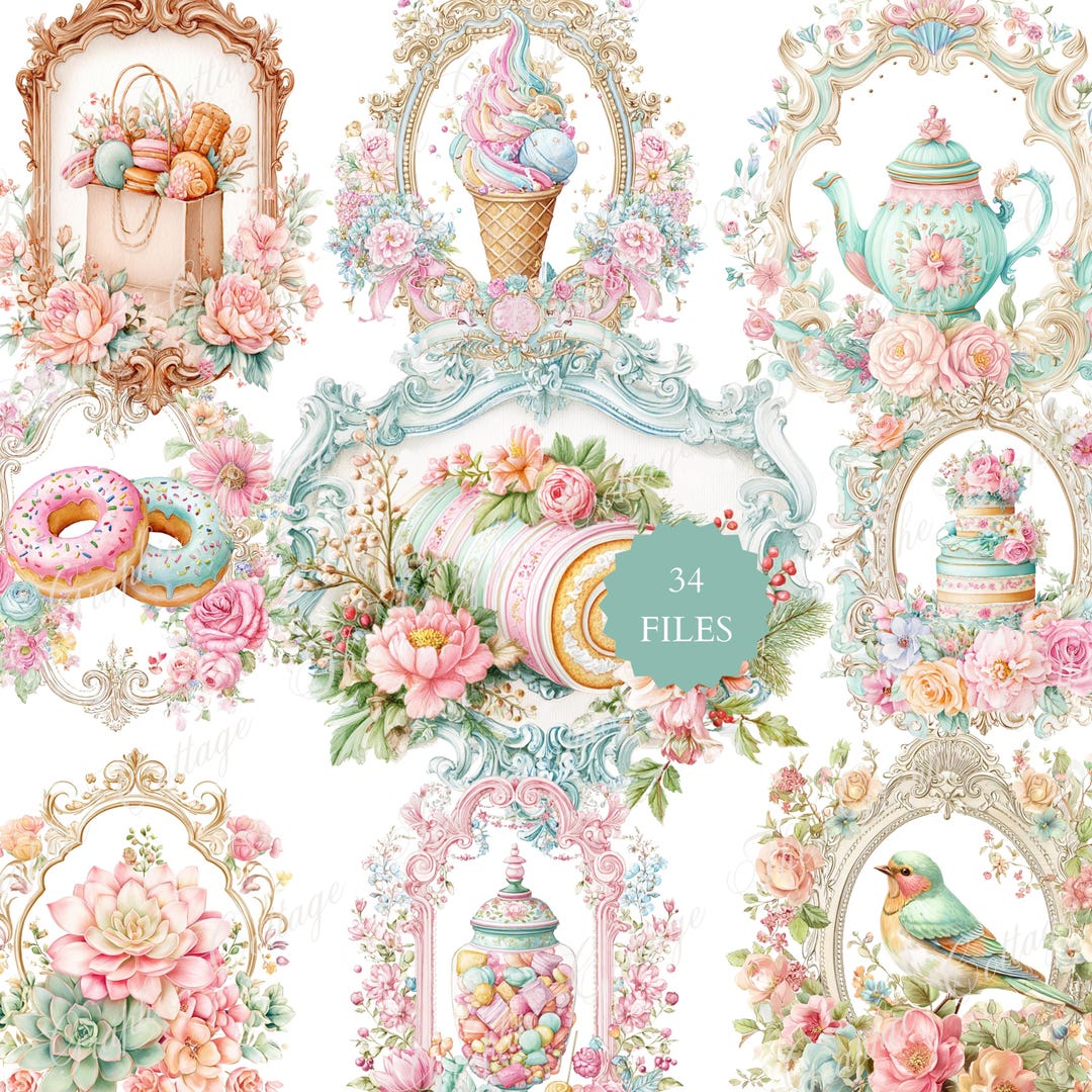 Shabby Chic Watercolor Clipart, Framed Floral Art, Vintage Romantic ...
