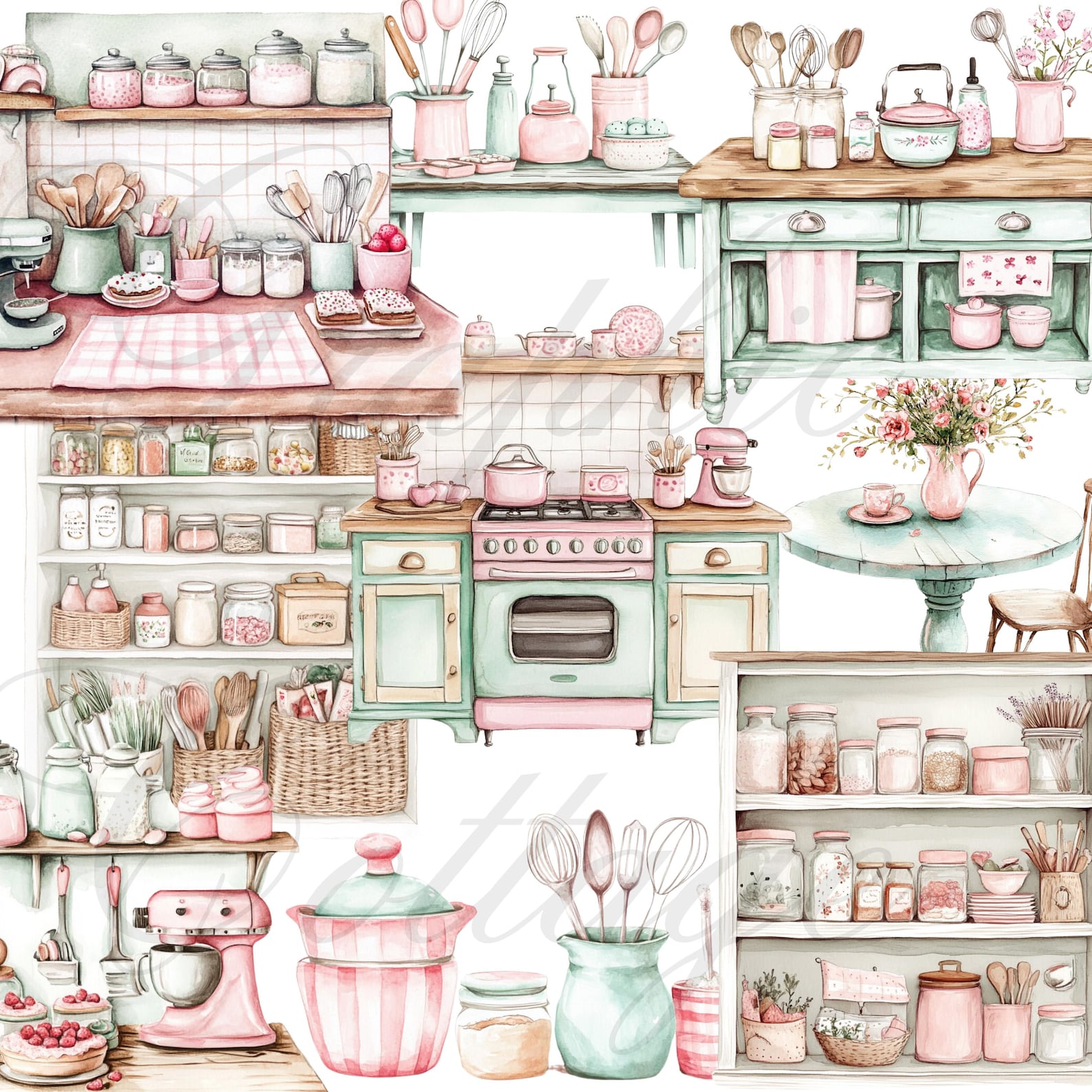 Watercolor Kitchen Clipart, Romantic Kitchen, Pink and Mint Kitchen ...