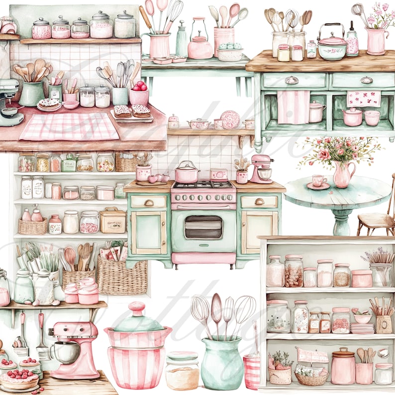 Watercolor Kitchen Clipart, Romantic Kitchen, Pink and Mint Kitchen ...