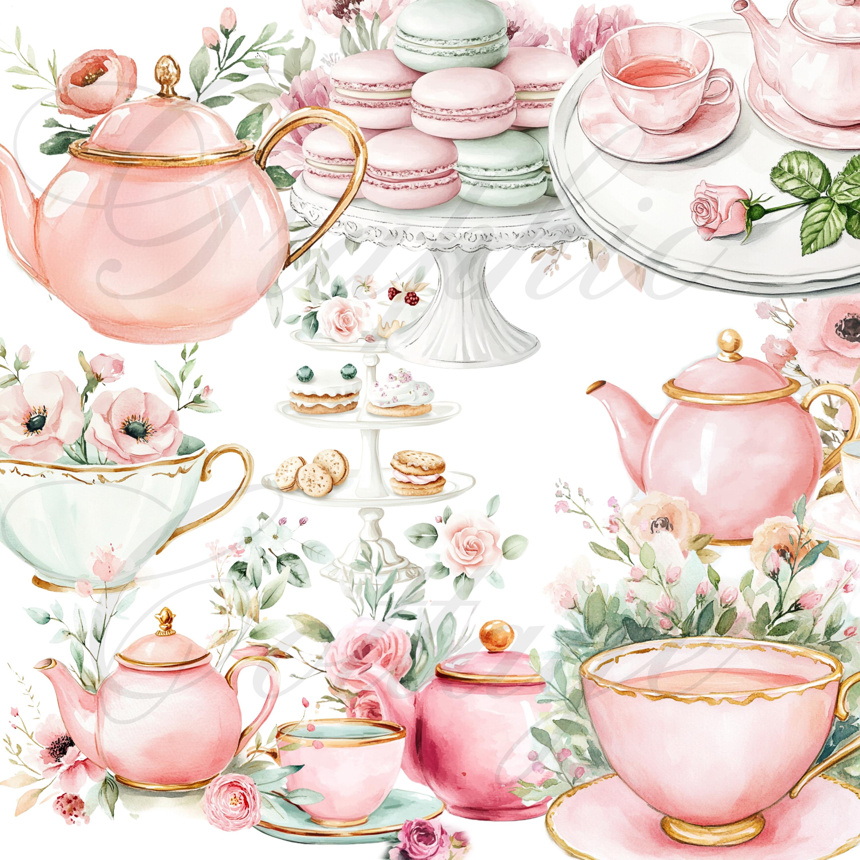 Watercolor Afternoon Tea Clipart, Romantic Tea Party, Pink and Mint ...