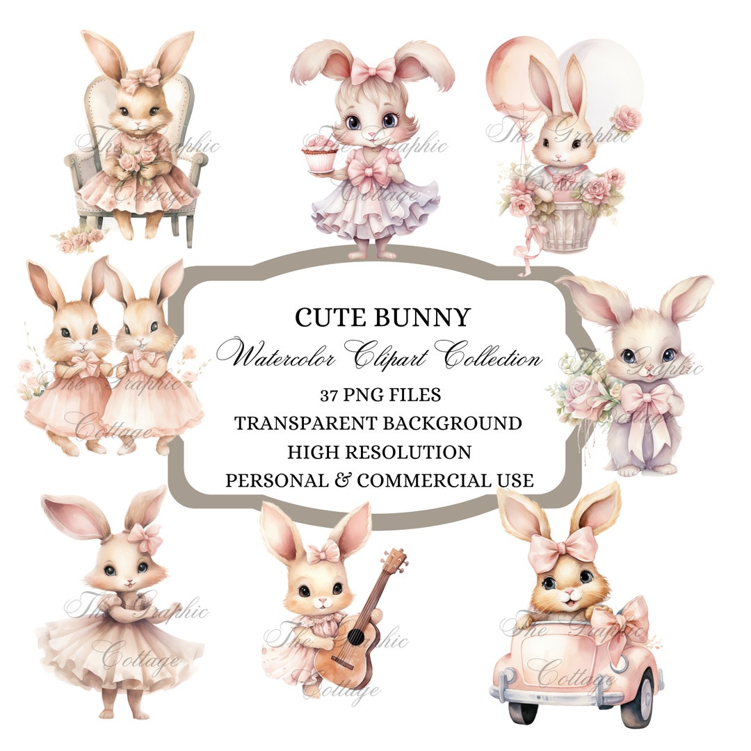 Cute Bunny Watercolor Clipart, Bunny Clipart, Bunny Birthday Party ...
