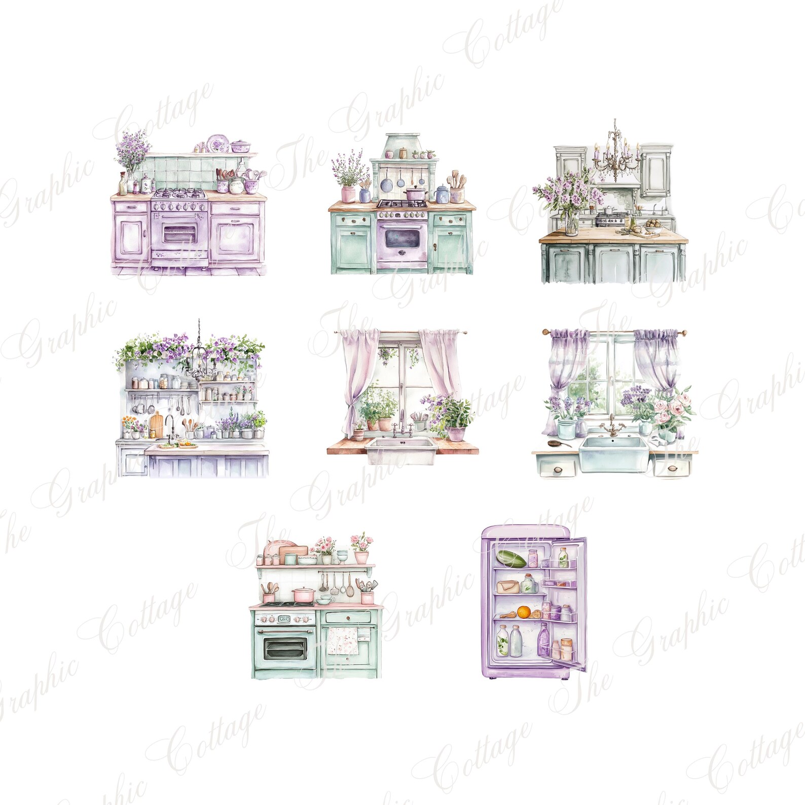 Watercolor Kitchen Clipart, Romantic Kitchen, Purple and Mint Kitchen ...
