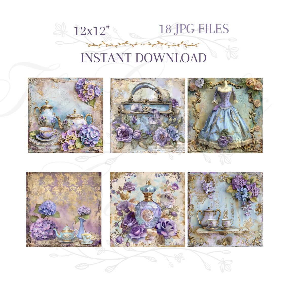 Blue and Purple Victorian Bliss Paper With Gold Designs, Shabby Chic ...