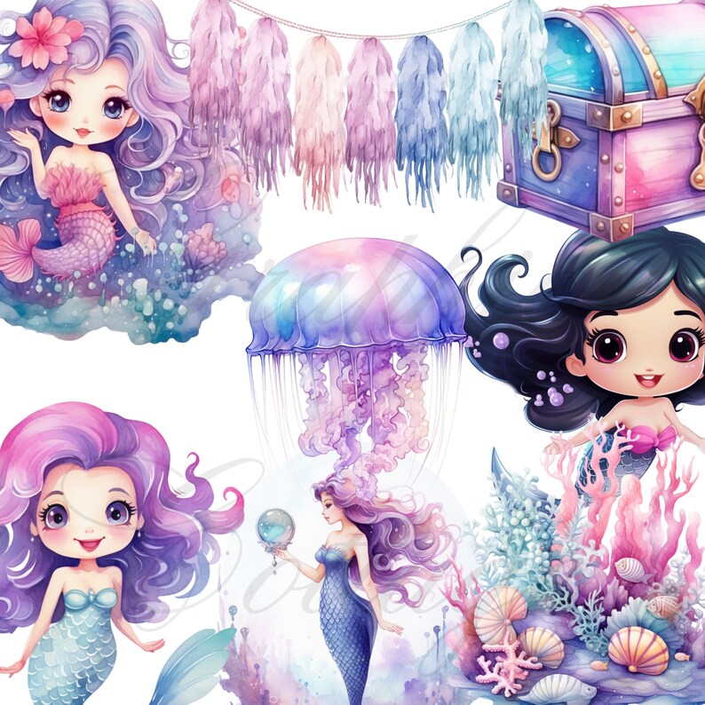 Watercolor Mermaid Clipart, Mermaid Clipart, Princess Birthday, Mermaid ...