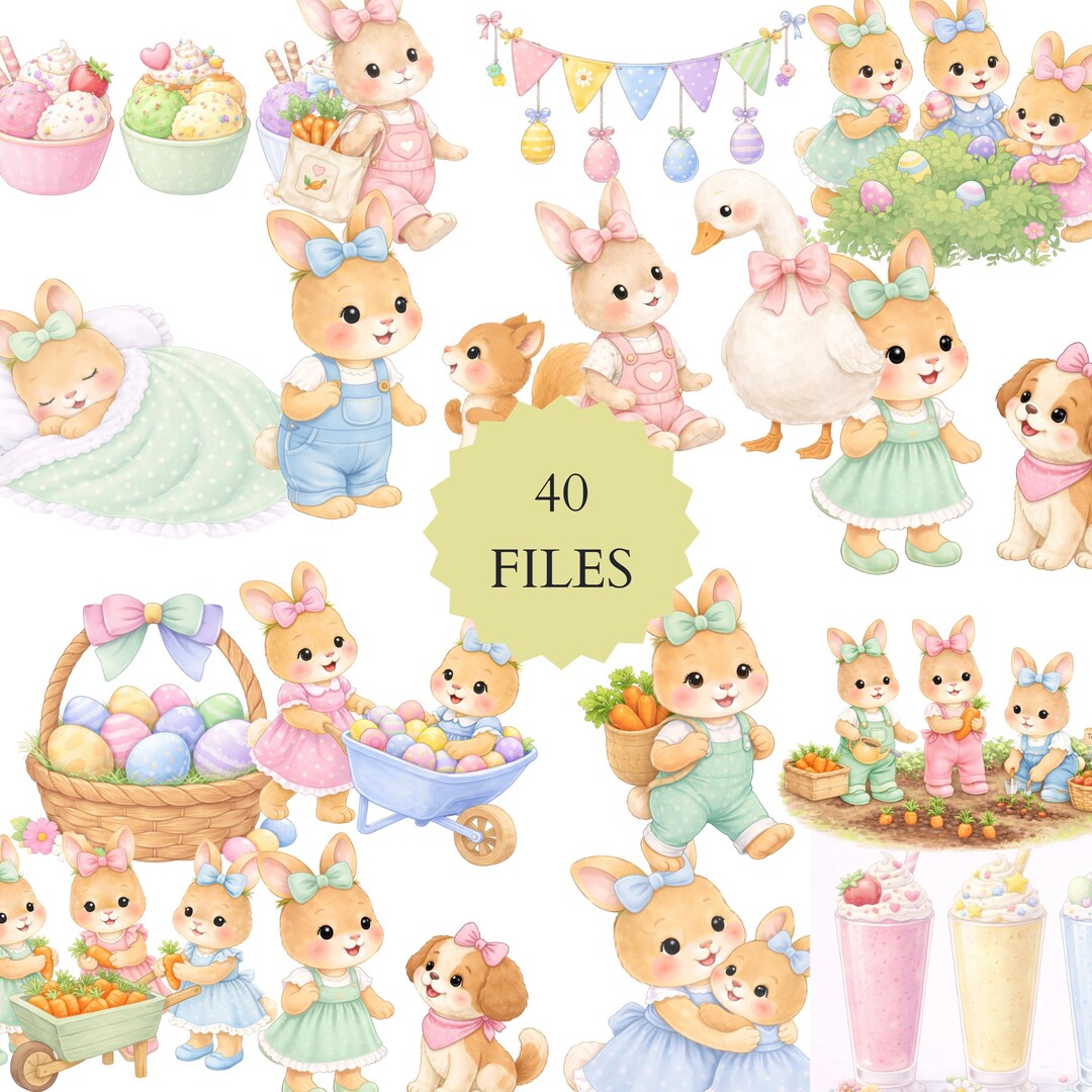 Watercolor Easter Bunnies Clipart, Pastel Bunny PNG, Spring Art, Cute ...