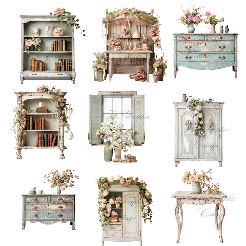 Shabby Chic Watercolor Clipart, Shabby Chic, Rustic Design, Distressed ...