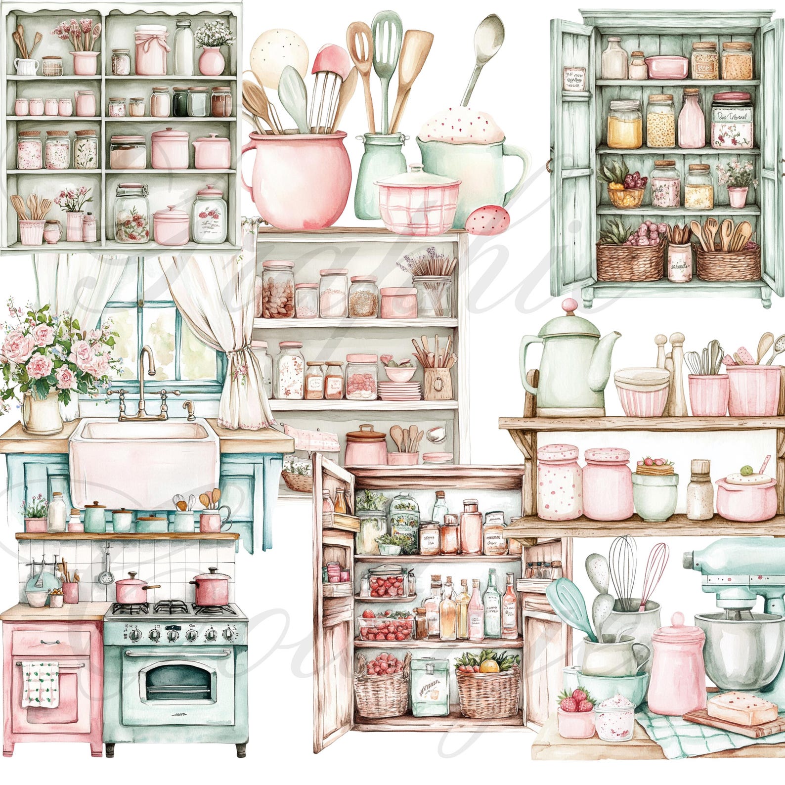 Watercolor Kitchen Clipart, Romantic Kitchen, Pink and Mint Kitchen ...