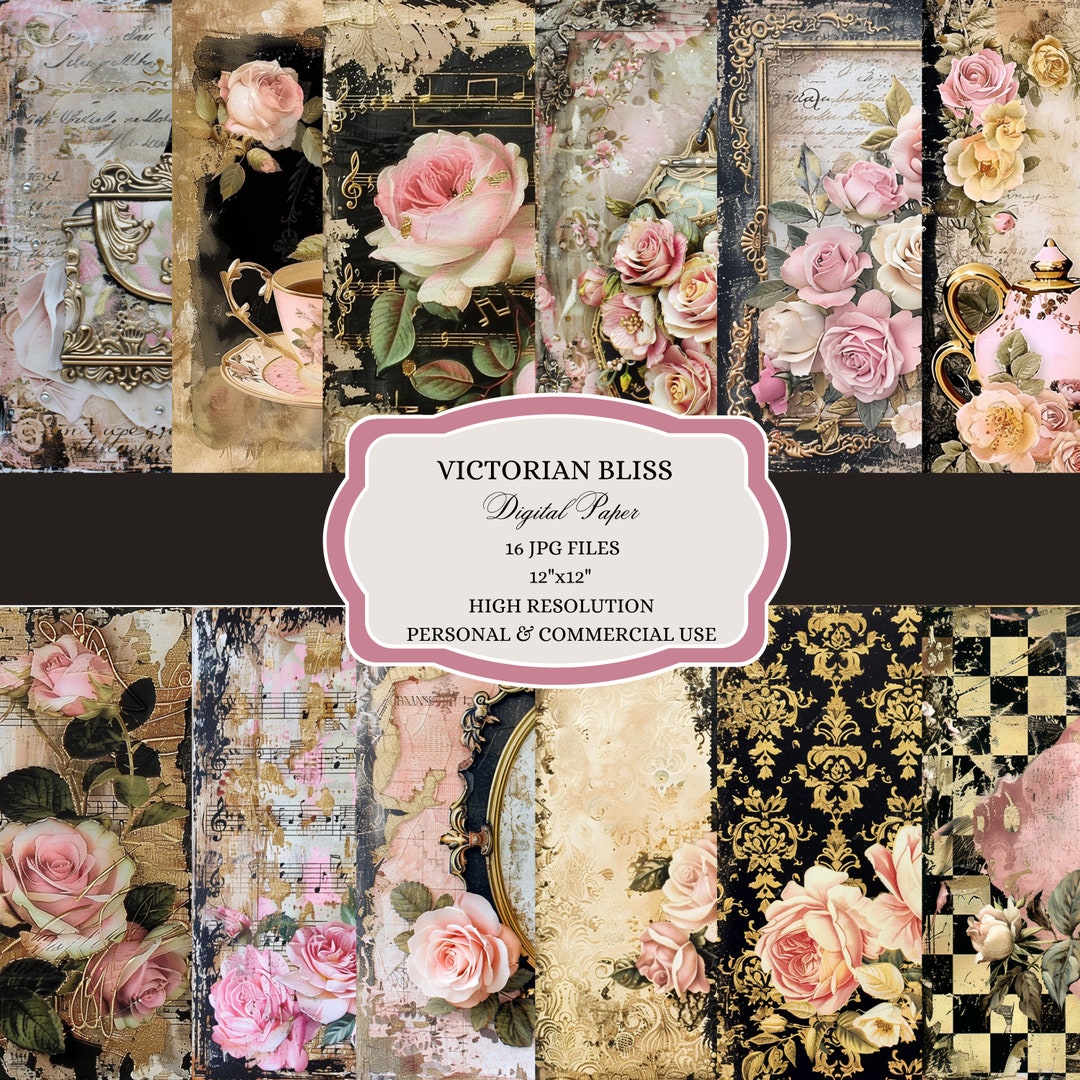 Pink and Black Dazzling Charm Paper With Gold Designs, Shabby Chic ...