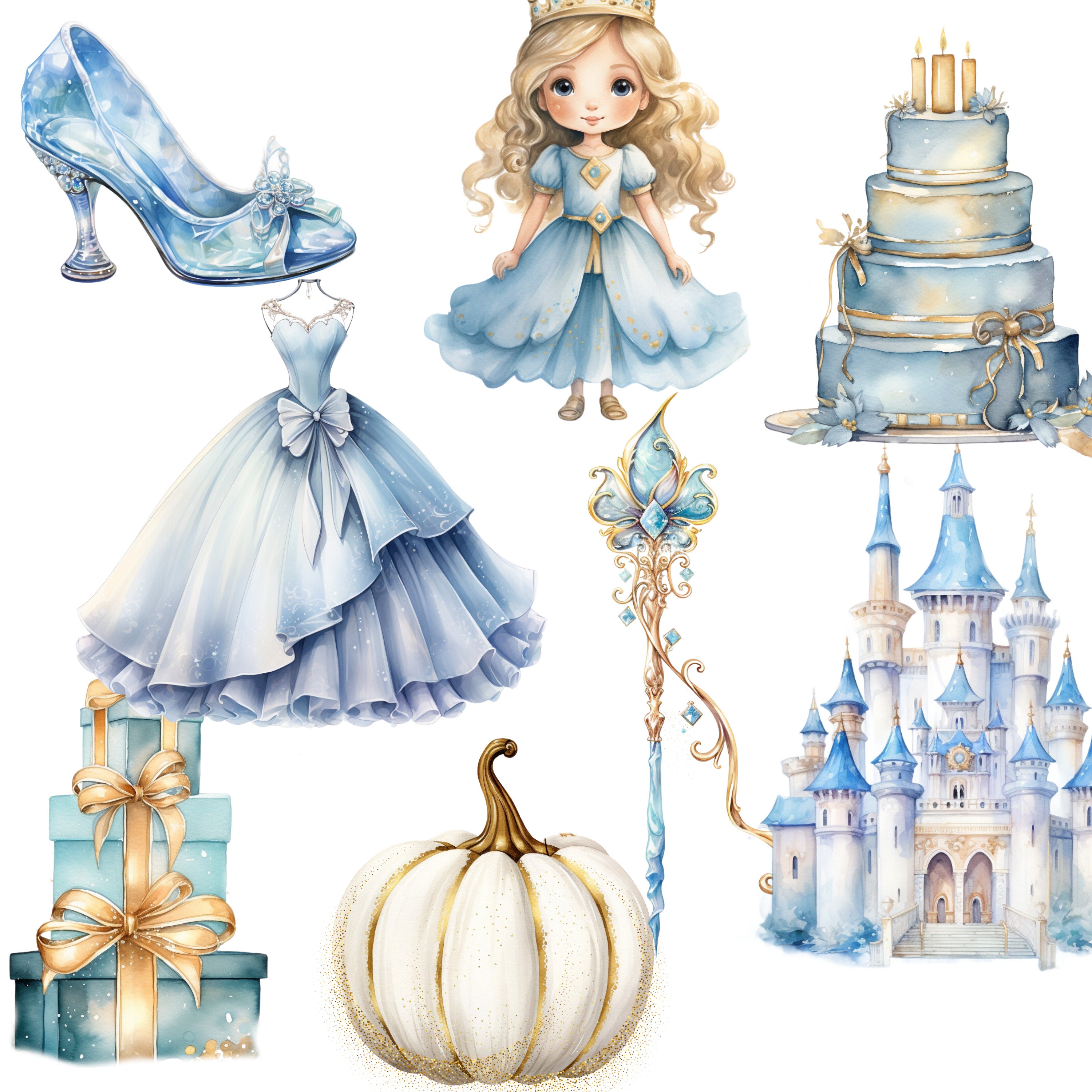 Watercolor Princess Clipart, Cinderella Clipart, Princess Birthday ...