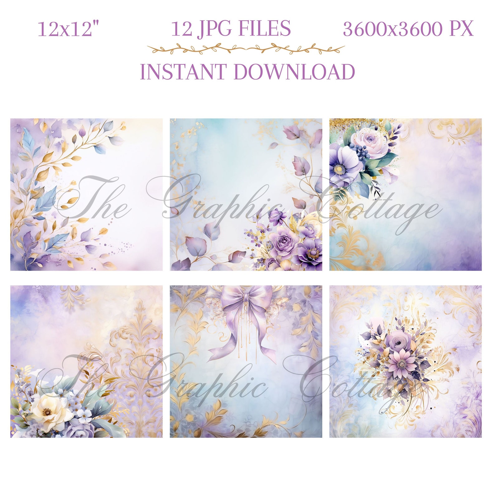 Purple Floral Paper With Gold Designs, Shabby Chic Paper, Romantic ...