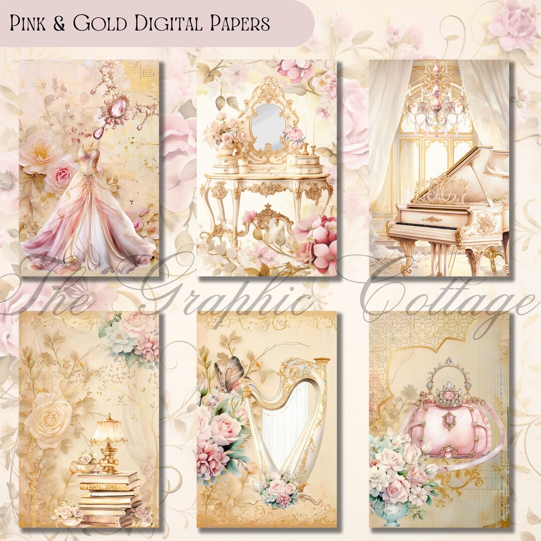 Watercolor Shabby Chic Gold and Pink Digital Papers, Junk Journal Kit ...