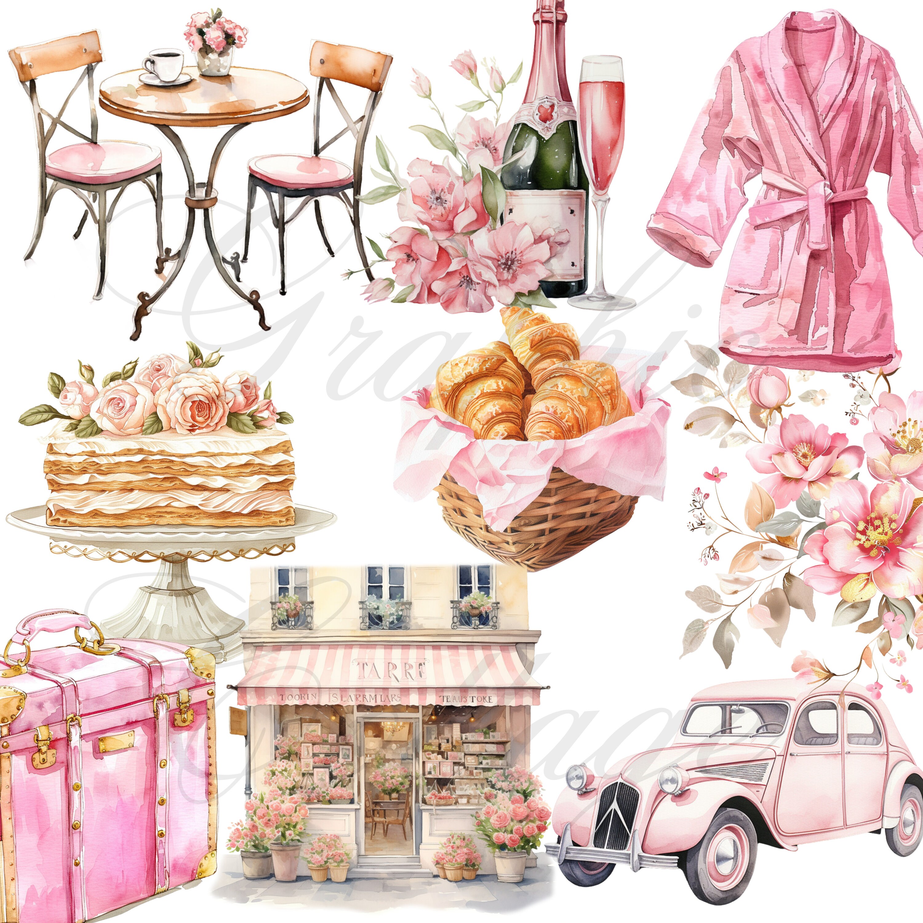 Watercolor Paris Clipart, Romantic Paris, Pink and Blush Clipart, Wall ...