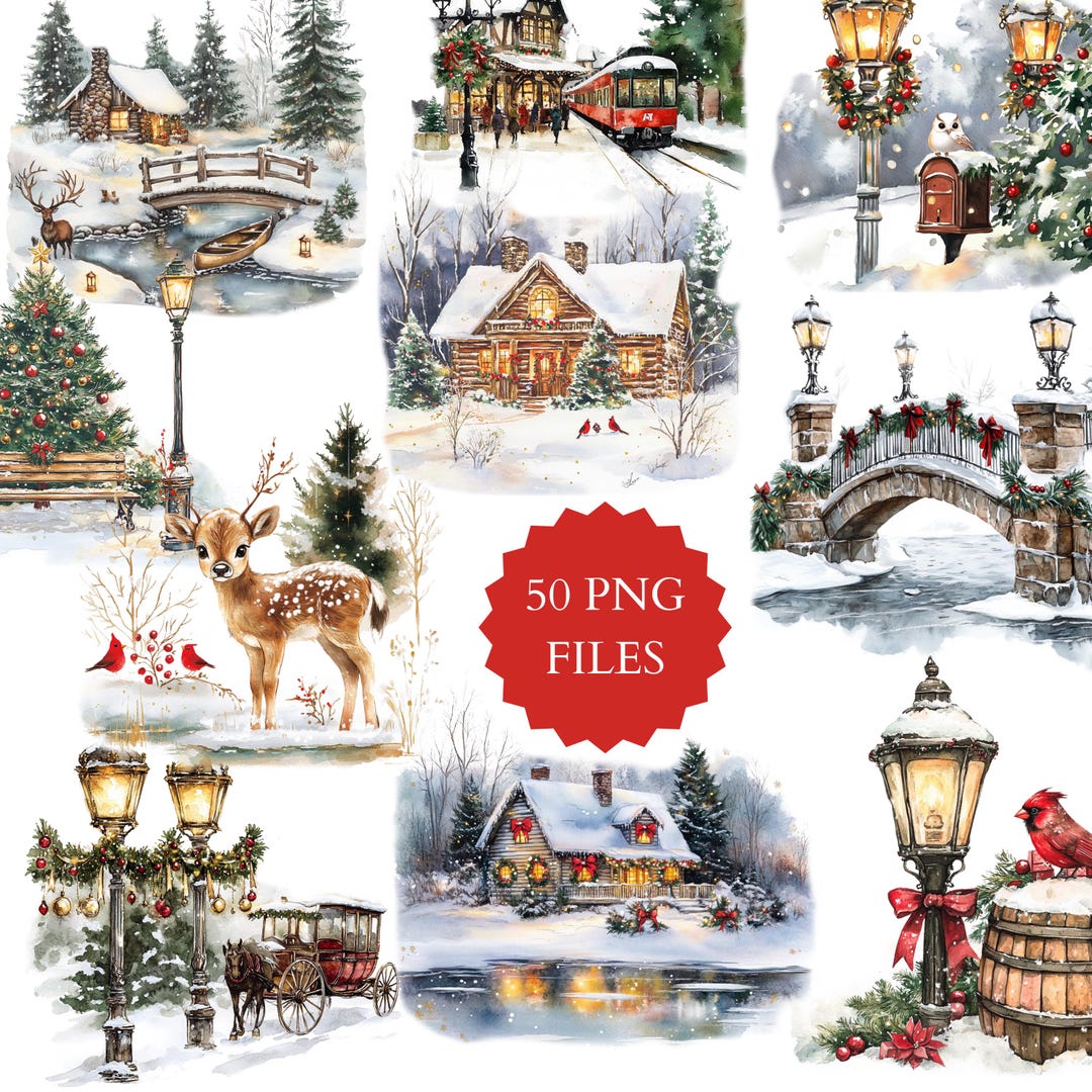 Watercolor Christmas Clipart, Holiday Glow PNG Images (50 Files) - Etsy