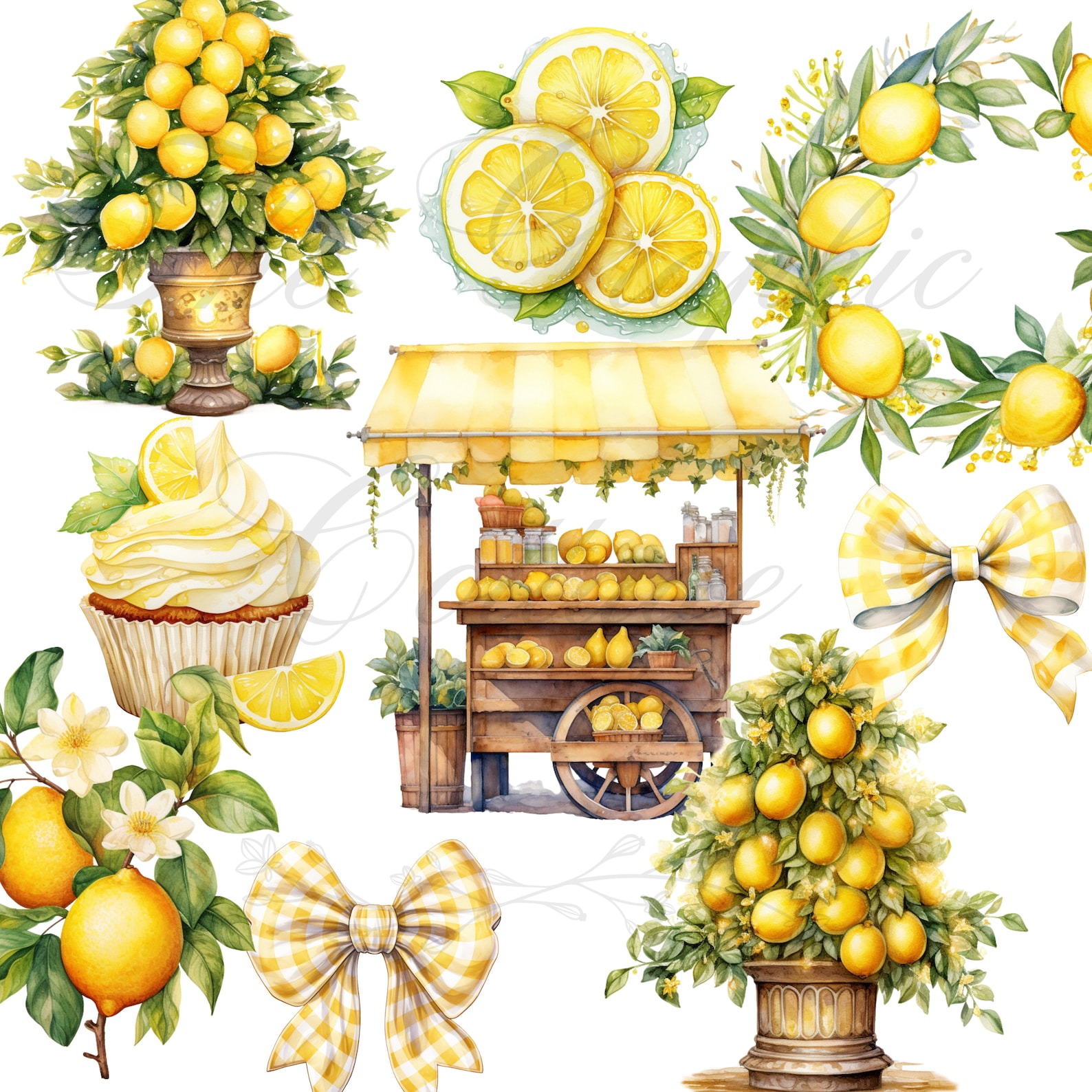 Watercolor Lemons, Lemon Clipart, Lemon Cupcake, Lemon Tree, Lemon Pie ...
