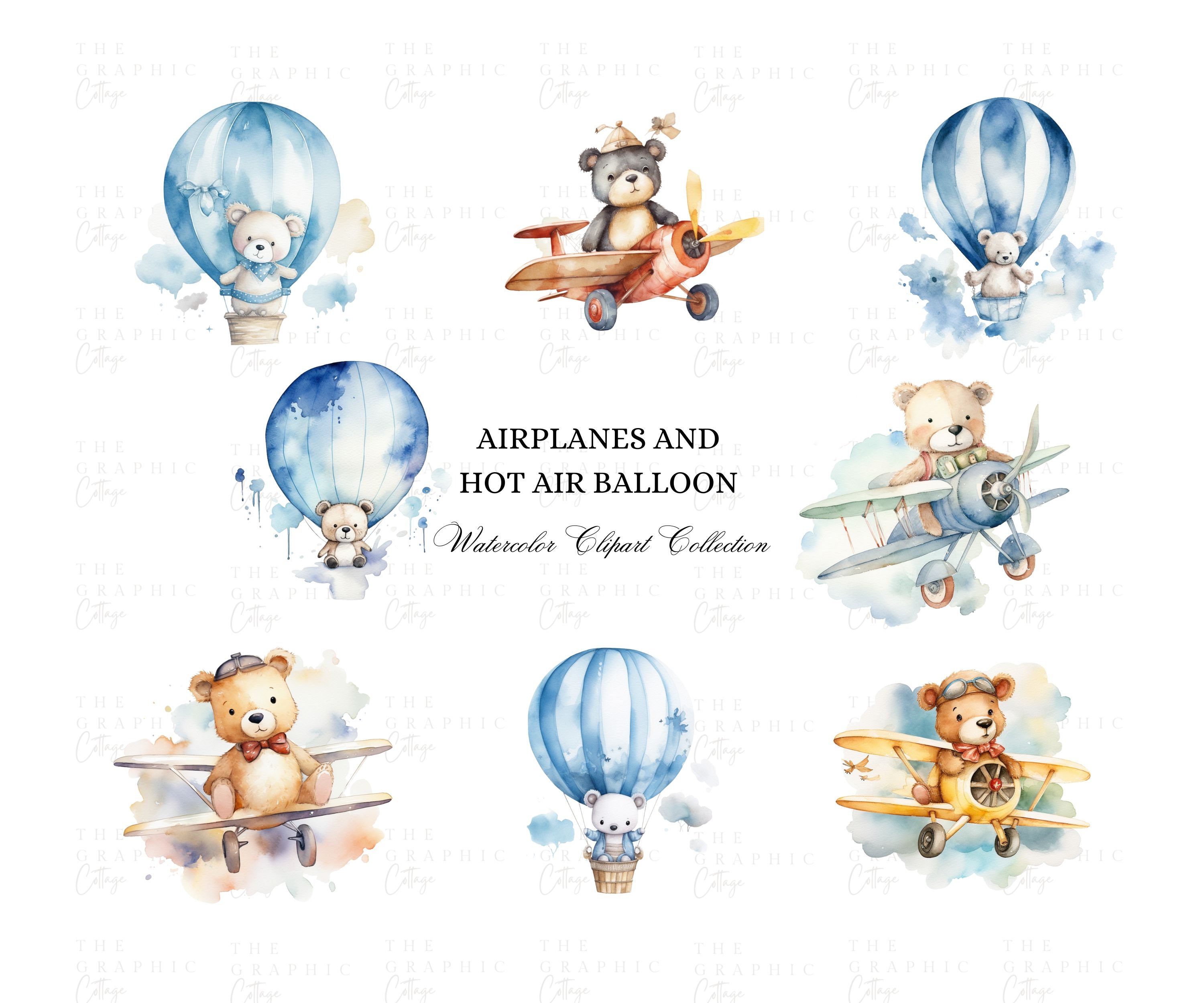 Watercolor Airplanes and Hot Air Balloon Clipart, Nursery Decor, Kids ...