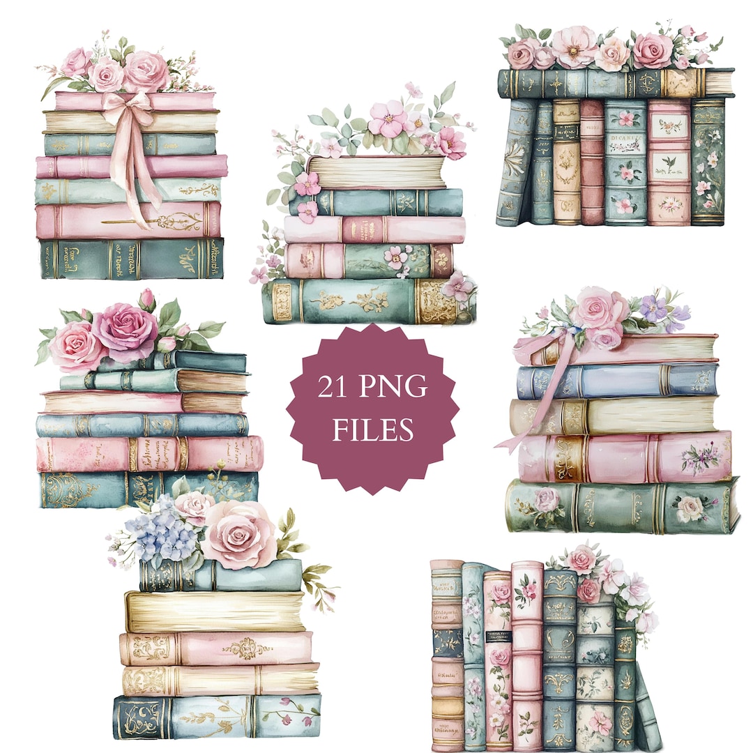 Watercolor Pastel Books With Floral, Stacked Books With Roses, Pastel ...