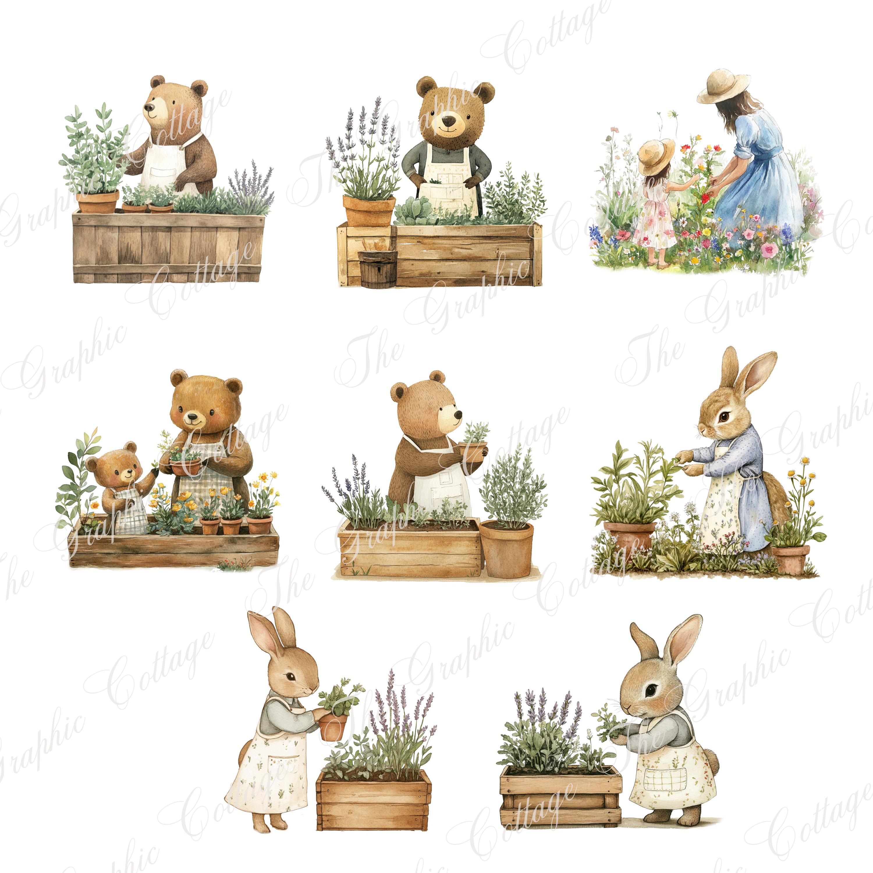 Watercolor Garden Clipart: Rabbits, Bear, Flowers (PNG Files, Digital ...
