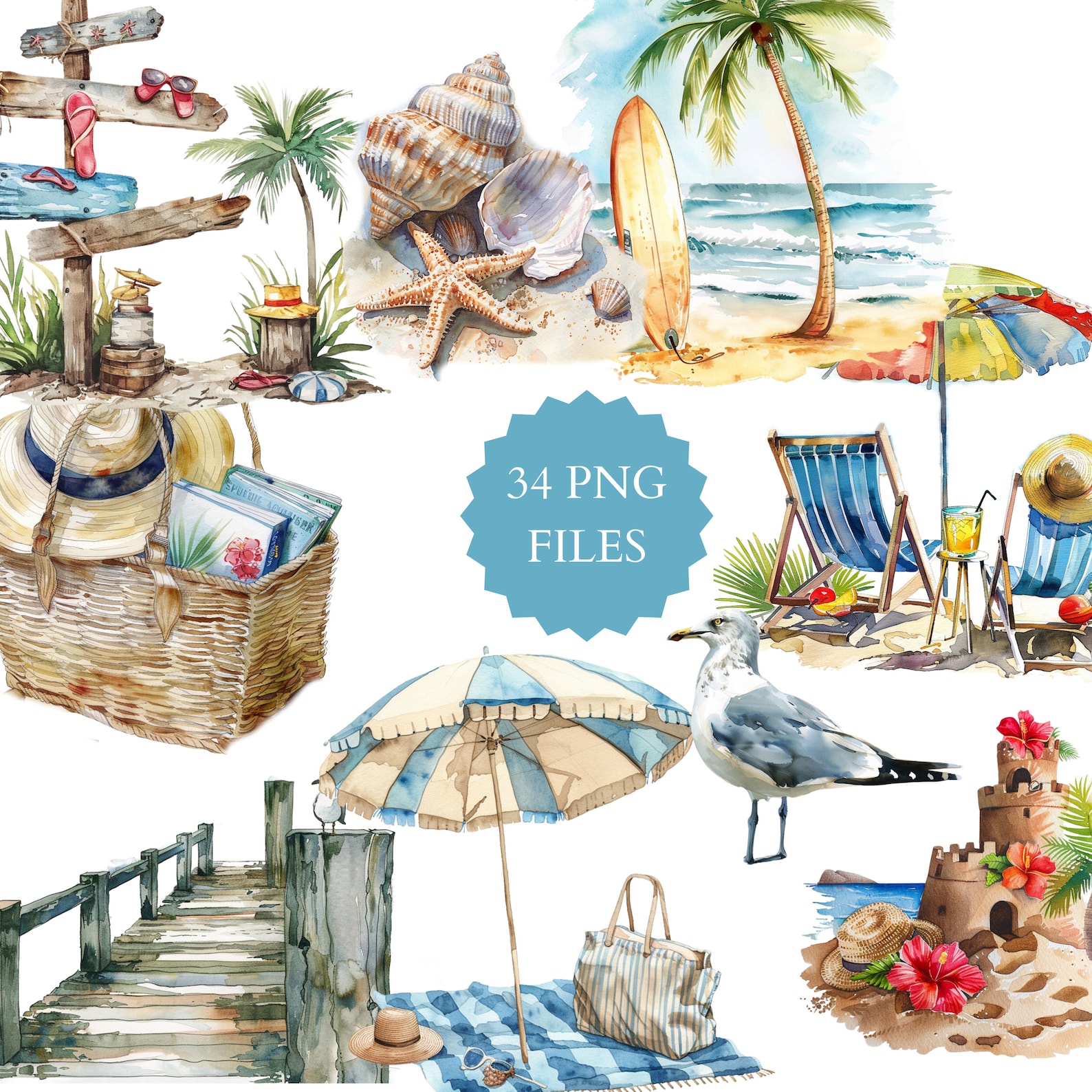 Watercolor Beach Clipart, Romantic Beach, Summer Vacation Clipart ...