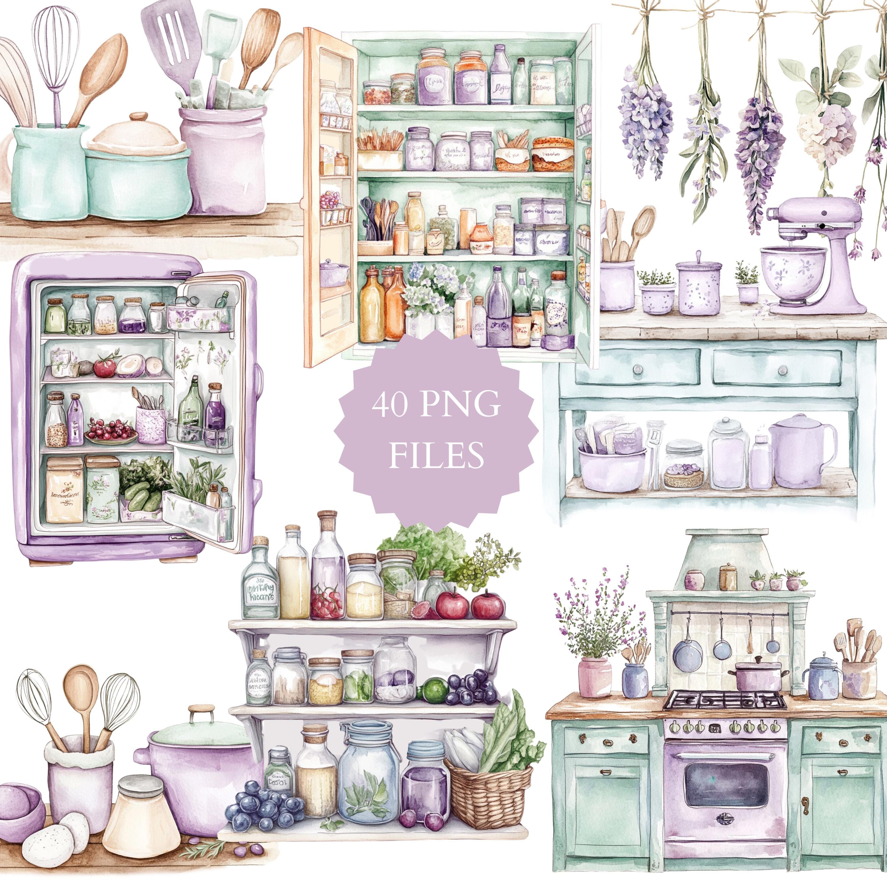 Watercolor Kitchen Clipart, Romantic Kitchen, Purple and Mint Kitchen ...
