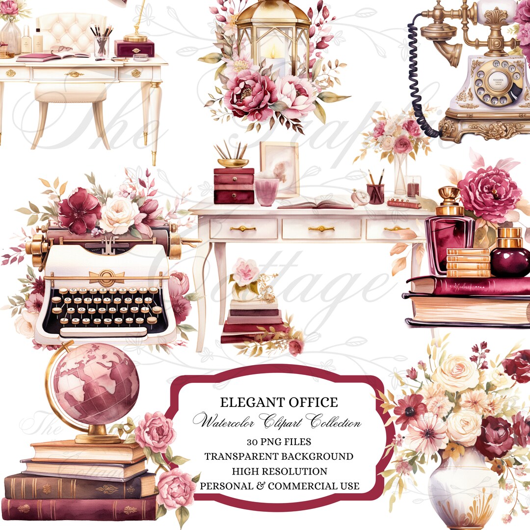 Office Clipart, Gold and Burgundy Clipart, Art for Office, Home Office ...
