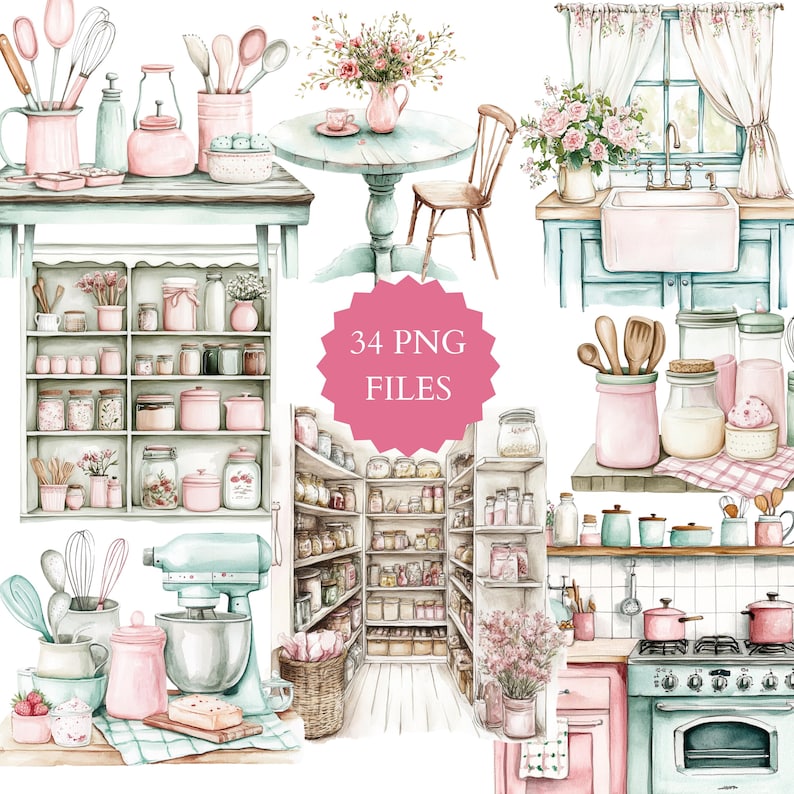 Watercolor Kitchen Clipart, Romantic Kitchen, Pink and Mint Kitchen ...