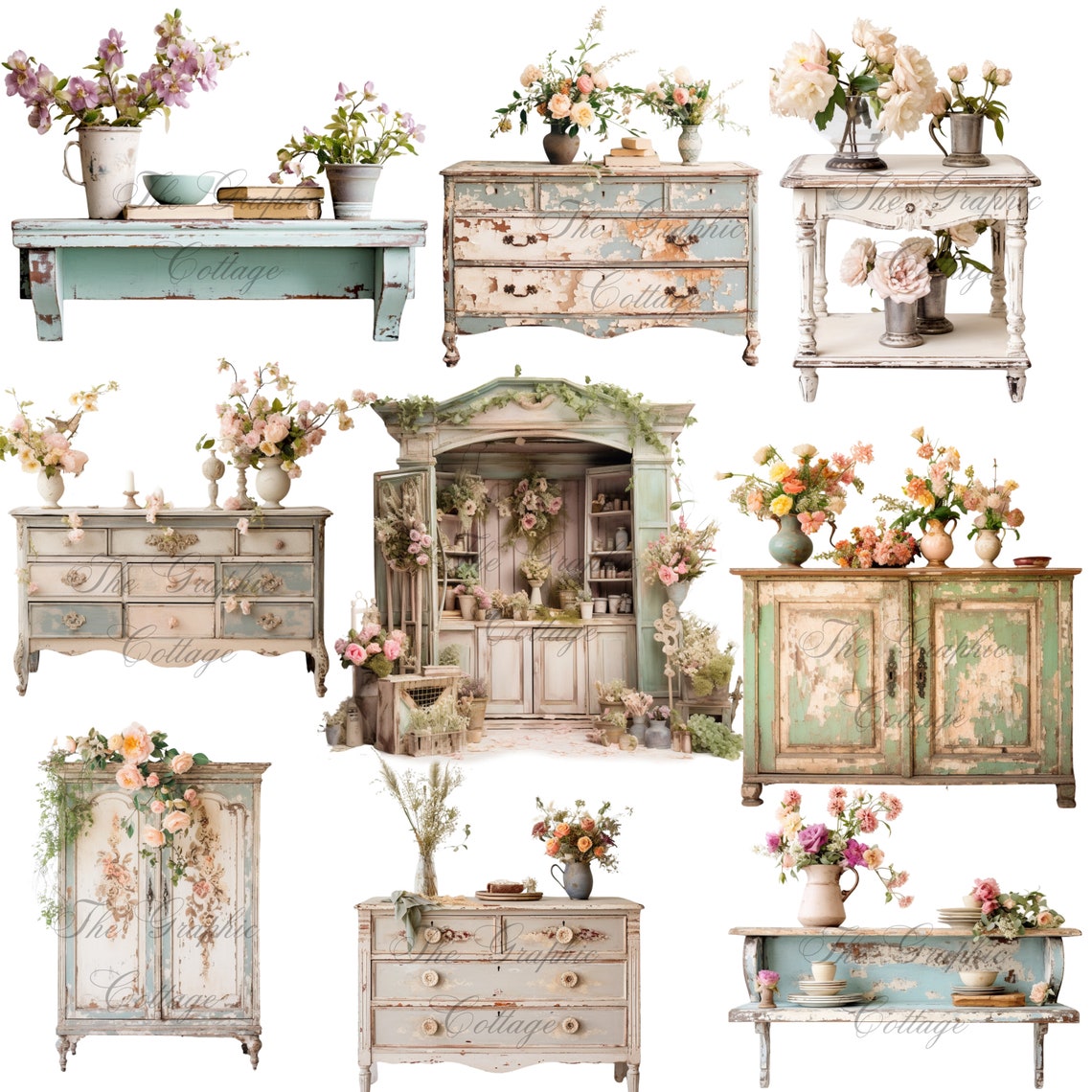 Shabby Chic Watercolor Clipart, Shabby Chic, Rustic Design, Distressed ...