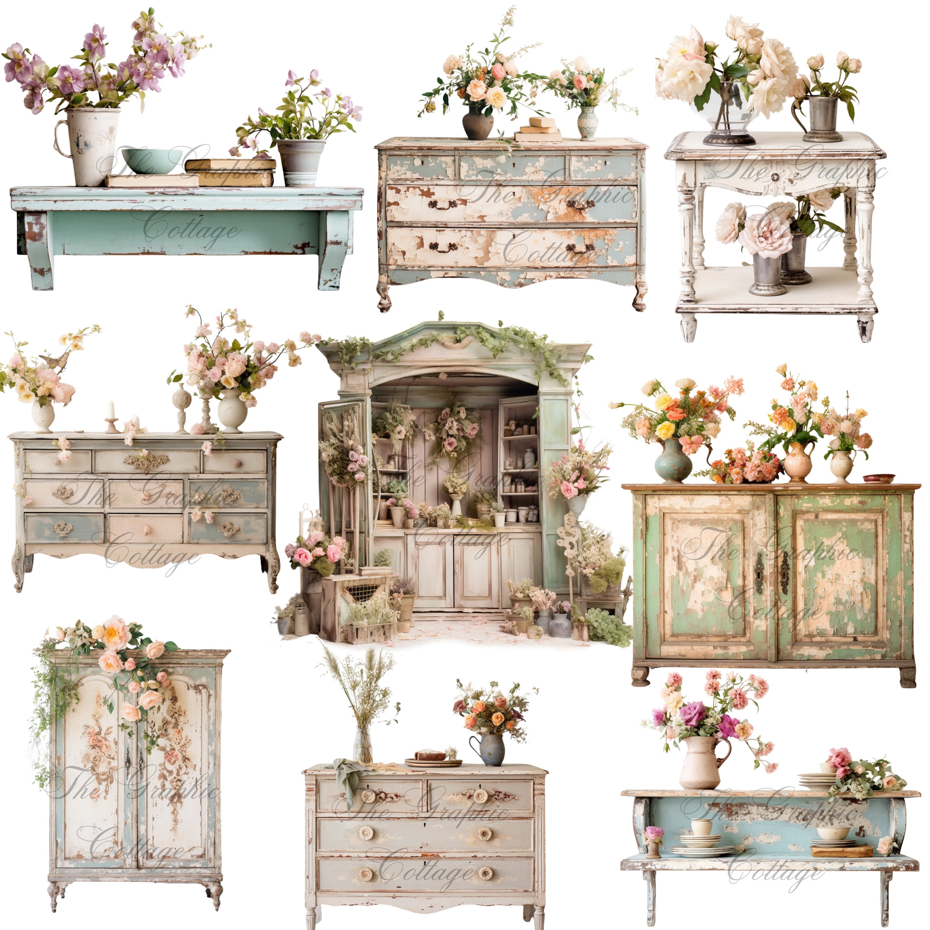 Shabby Chic Watercolor Clipart, Shabby Chic, Rustic Design, Distressed ...