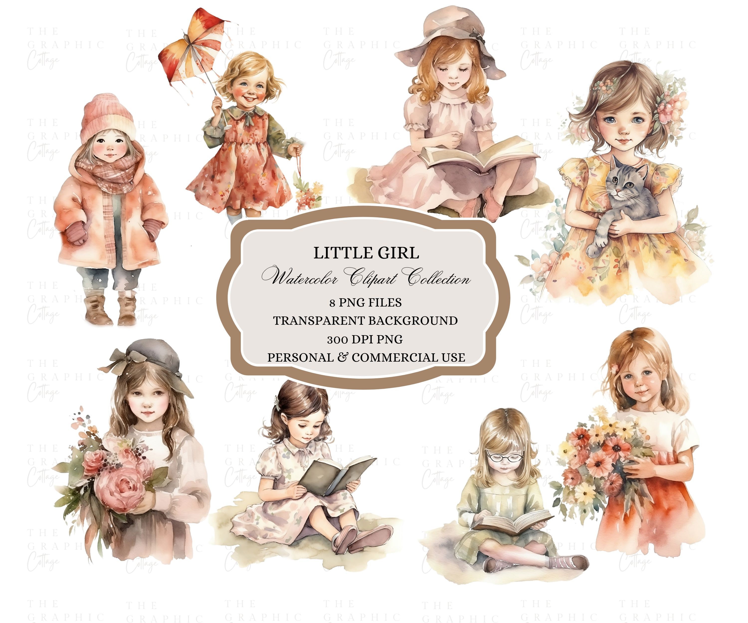 Watercolor Little Girl Clipart, Girl Reading Book, Vintage Clipart, Art ...