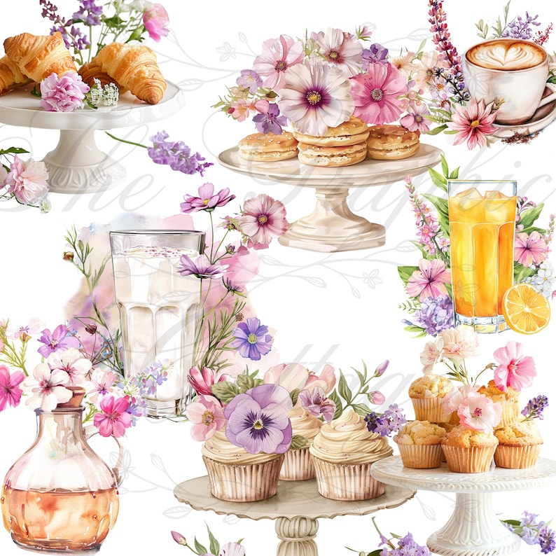 Watercolor Breakfast Clipart: Romantic Brunch PNG Images (digital ...