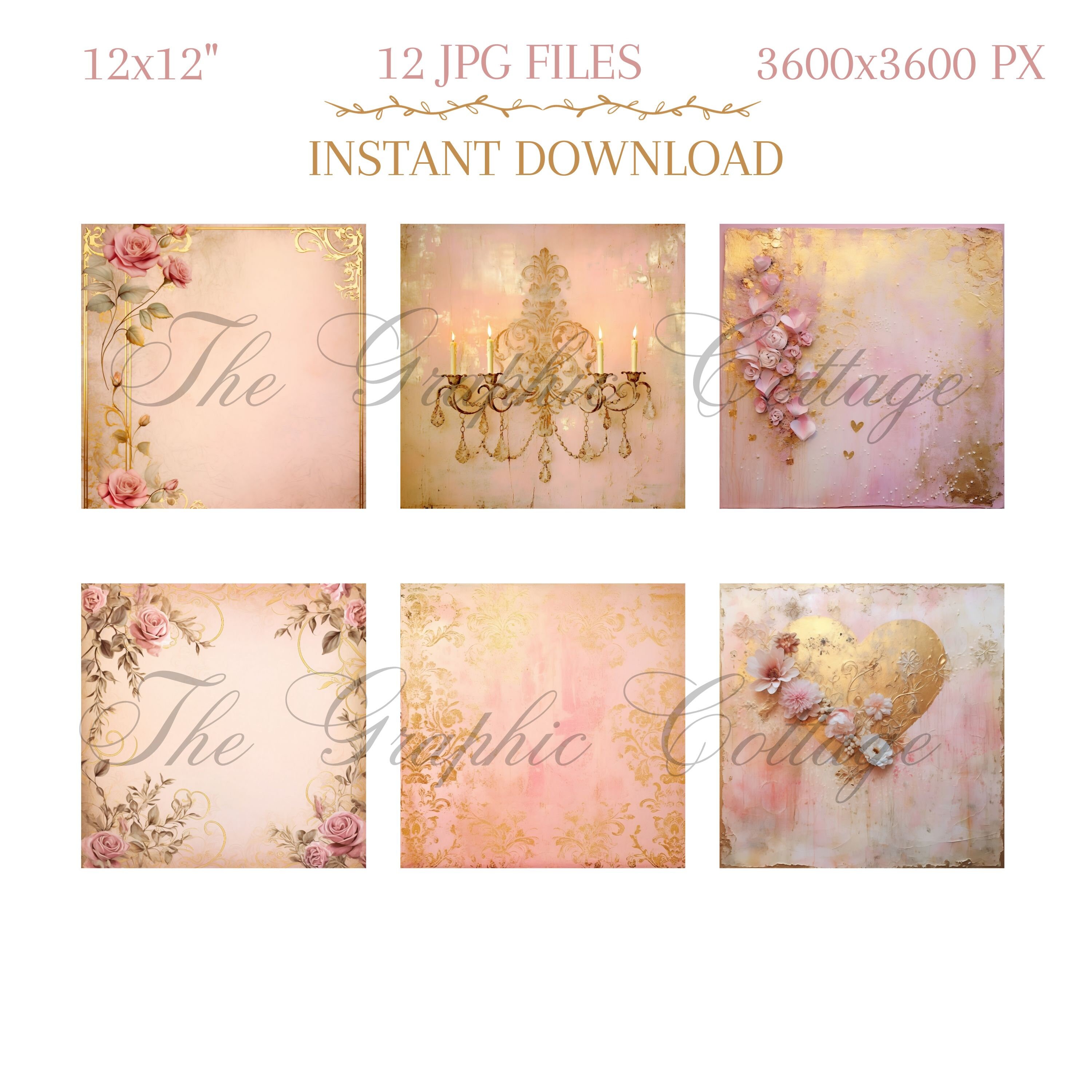Pink Romantic Shabby Chic Digital Paper With Gold Designs, Shabby Chic ...