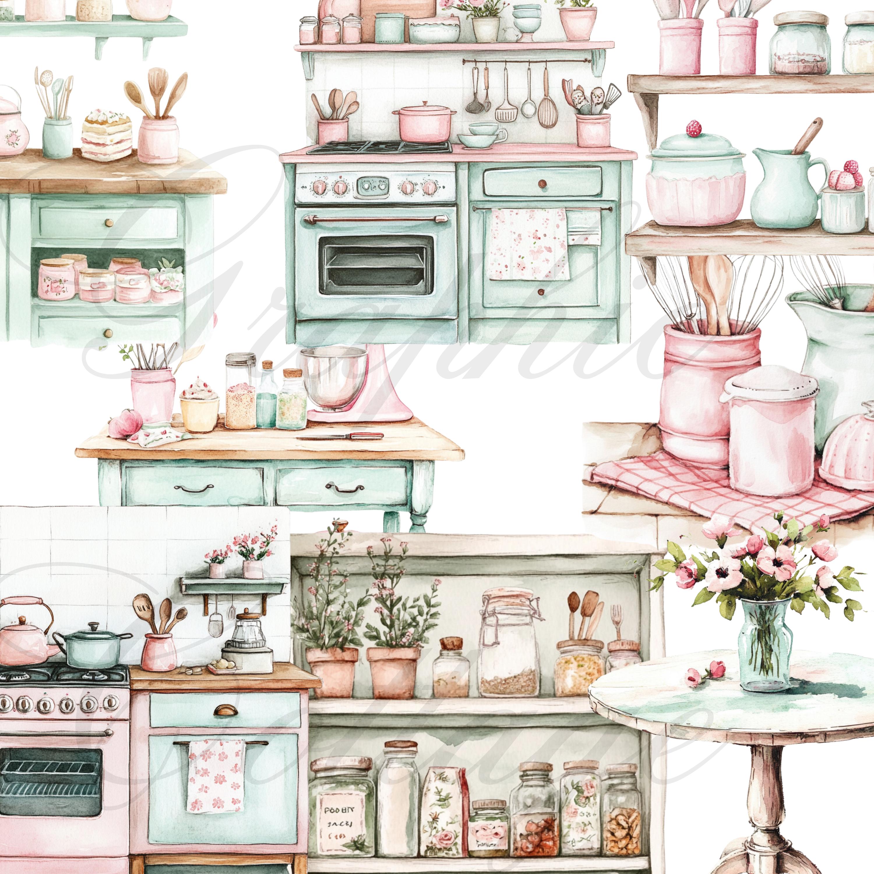 Watercolor Kitchen Clipart, Romantic Kitchen, Pink and Mint Kitchen ...