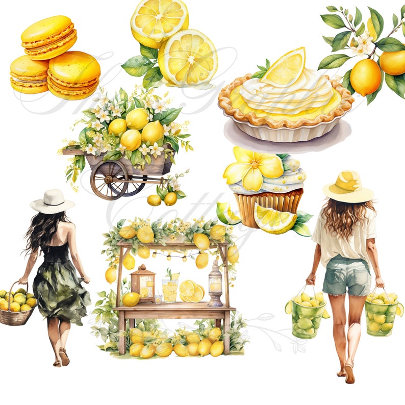 Watercolor Lemons, Lemon Clipart, Lemon Cupcake, Lemon Tree, Lemon Pie ...