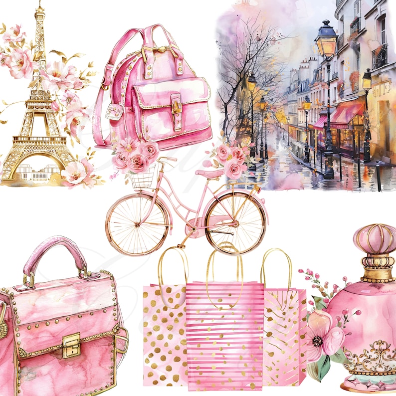 Watercolor Paris Clipart, Romantic Paris, Pink and Blush Clipart, Wall ...
