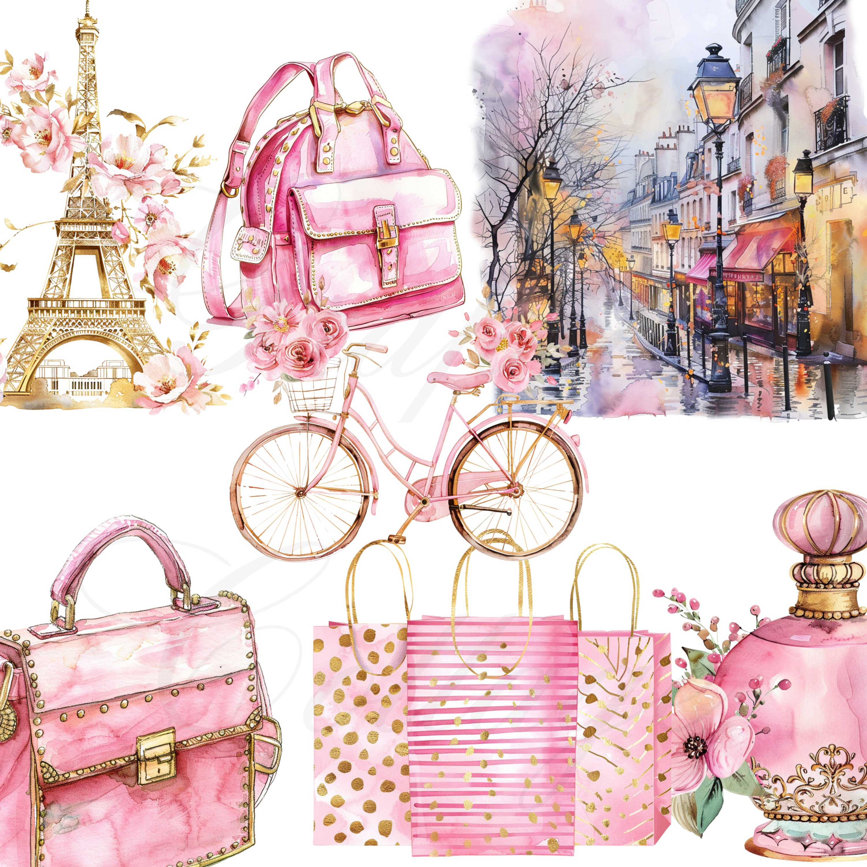 Watercolor Paris Clipart, Romantic Paris, Pink and Blush Clipart, Wall ...