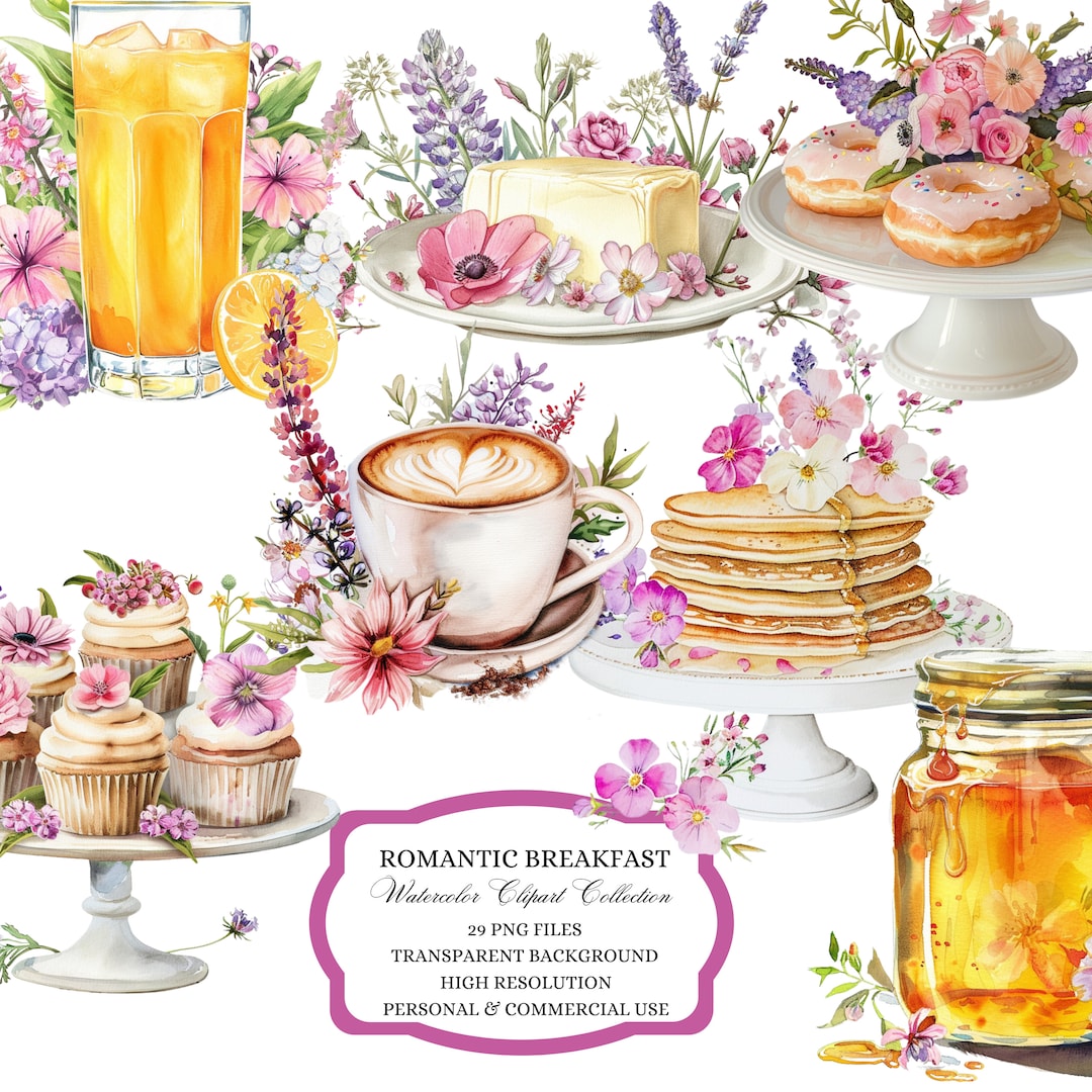 Watercolor Breakfast Clipart: Romantic Brunch PNG Images (digital ...