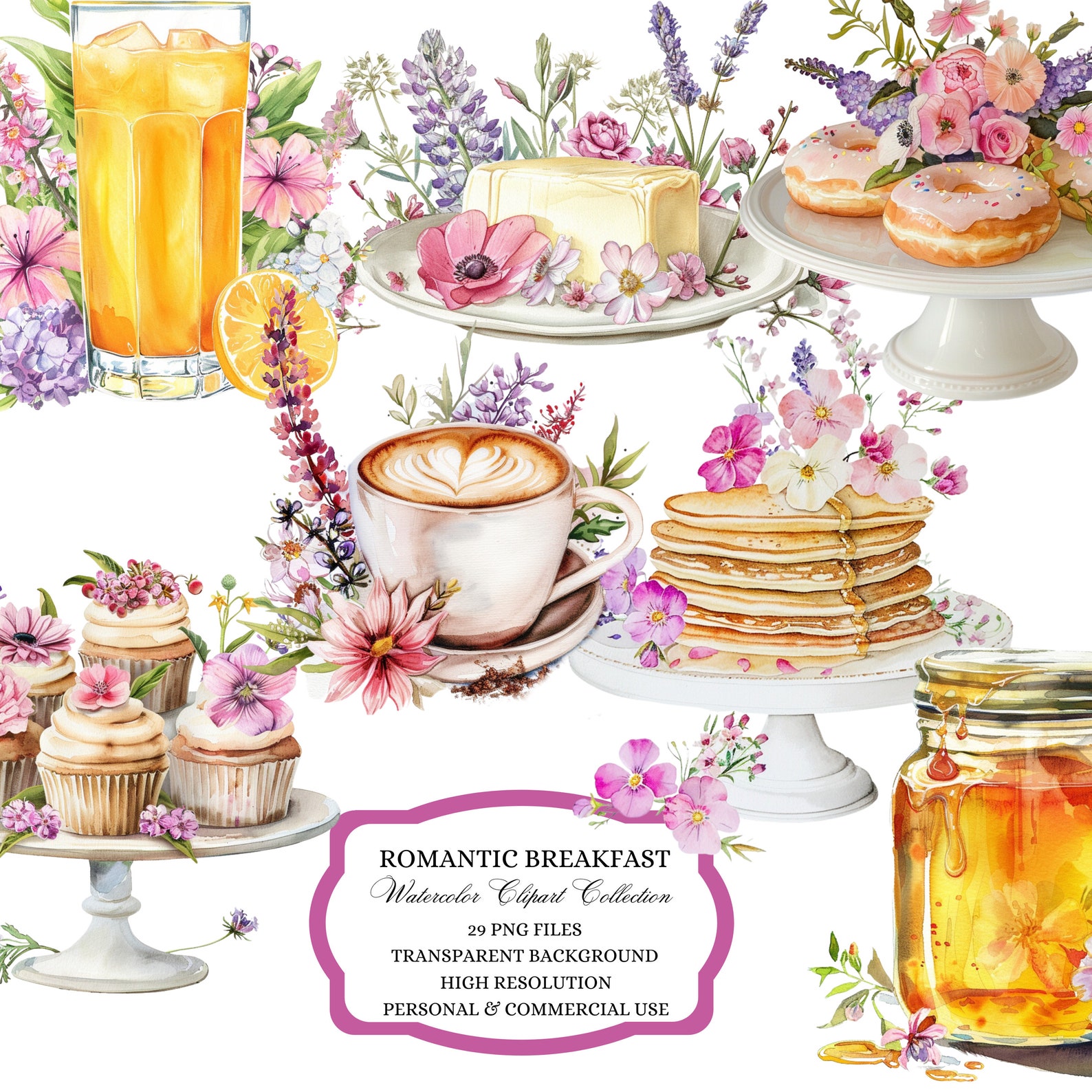 Watercolor Breakfast Clipart: Romantic Brunch PNG Images (digital ...