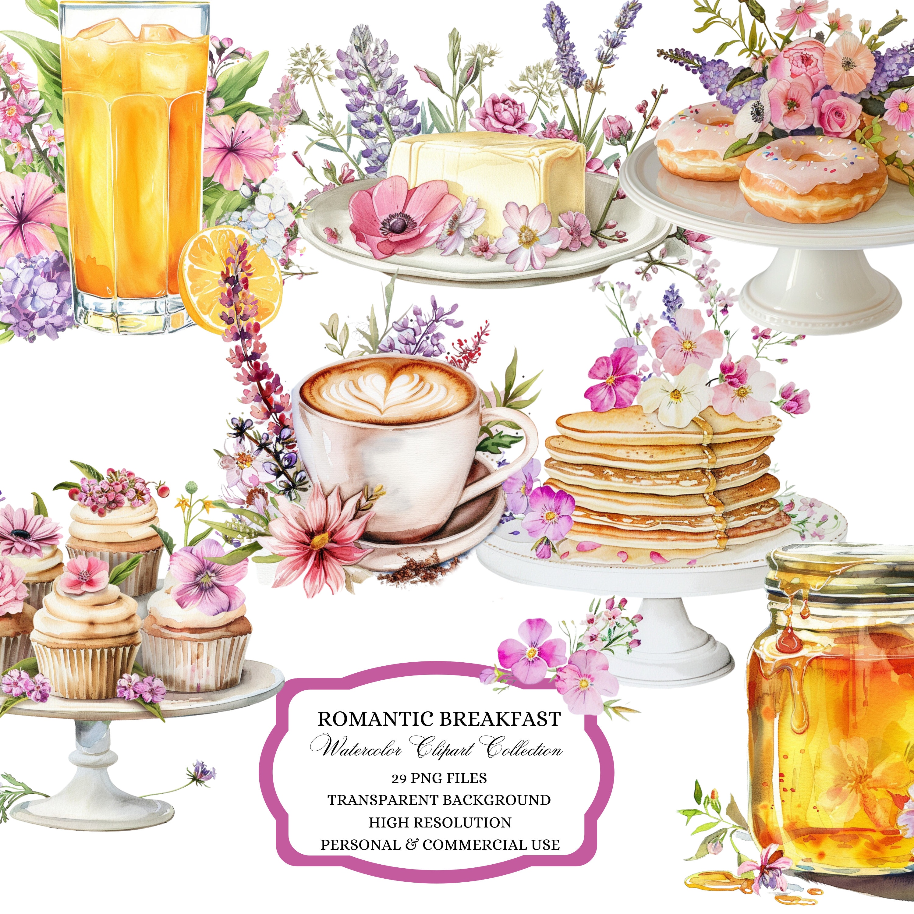 Watercolor Breakfast Clipart, Romantic Breakfast, Brunch Party, Brunch ...