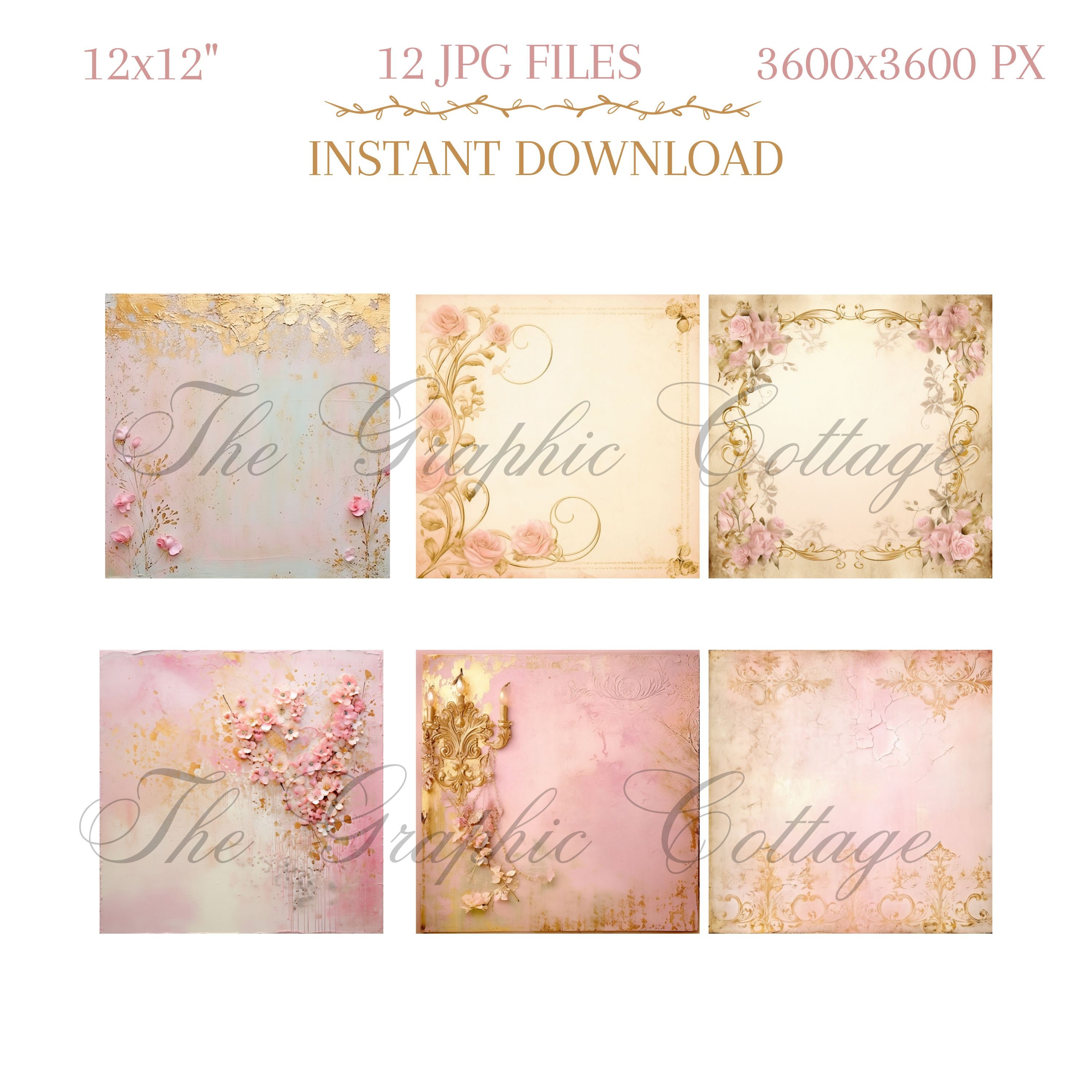 Pink Romantic Shabby Chic Digital Paper With Gold Designs, Shabby Chic ...